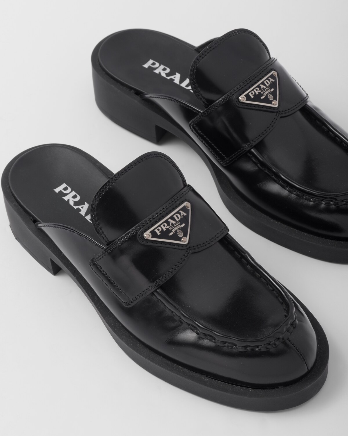Black Chocolate Brushed Leather Mules | PRADA