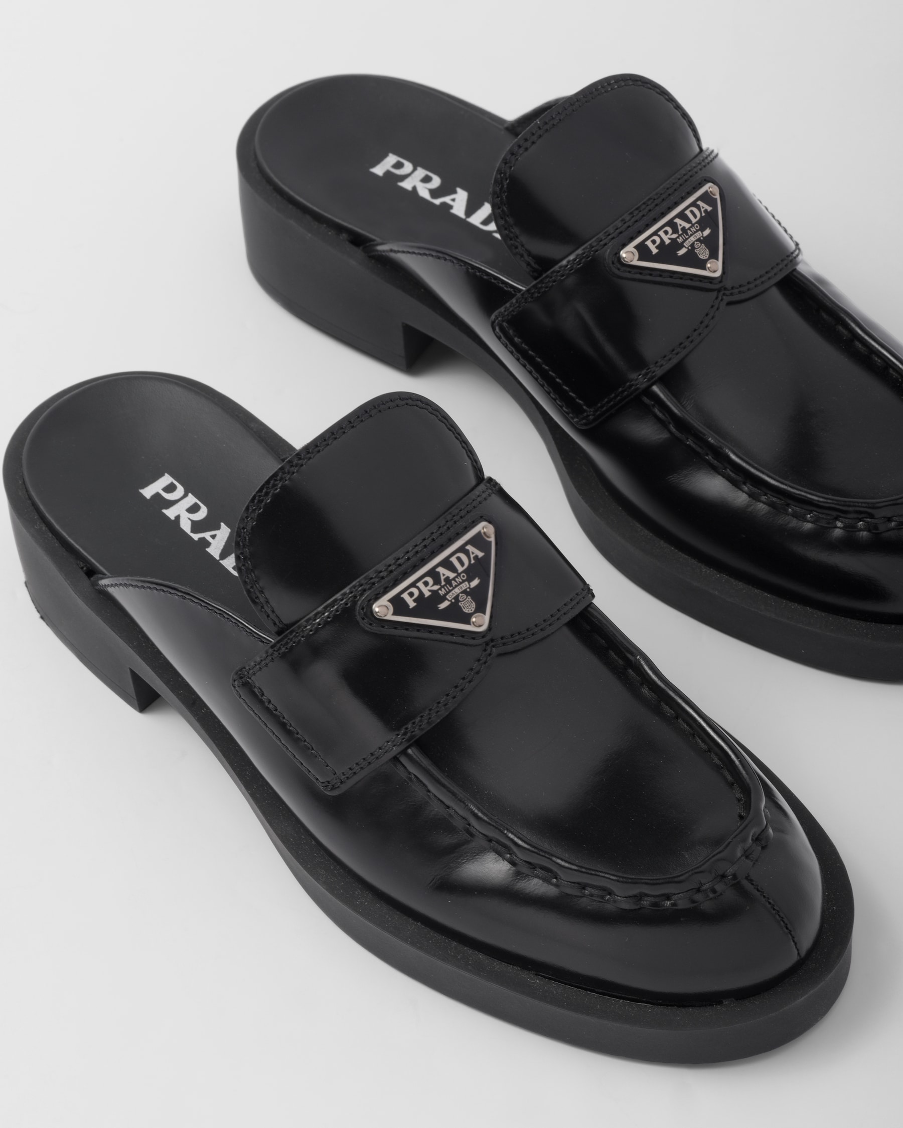 Black Chocolate Brushed Leather Mules | PRADA