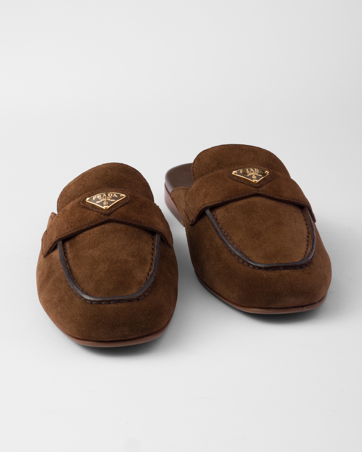 Cocoa Brown Suede Slippers | PRADA - United States
