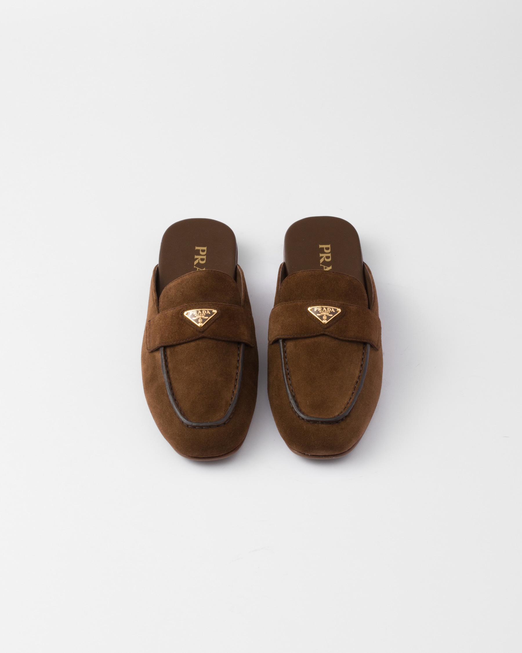 Cocoa Brown Suede Slippers | PRADA - United States