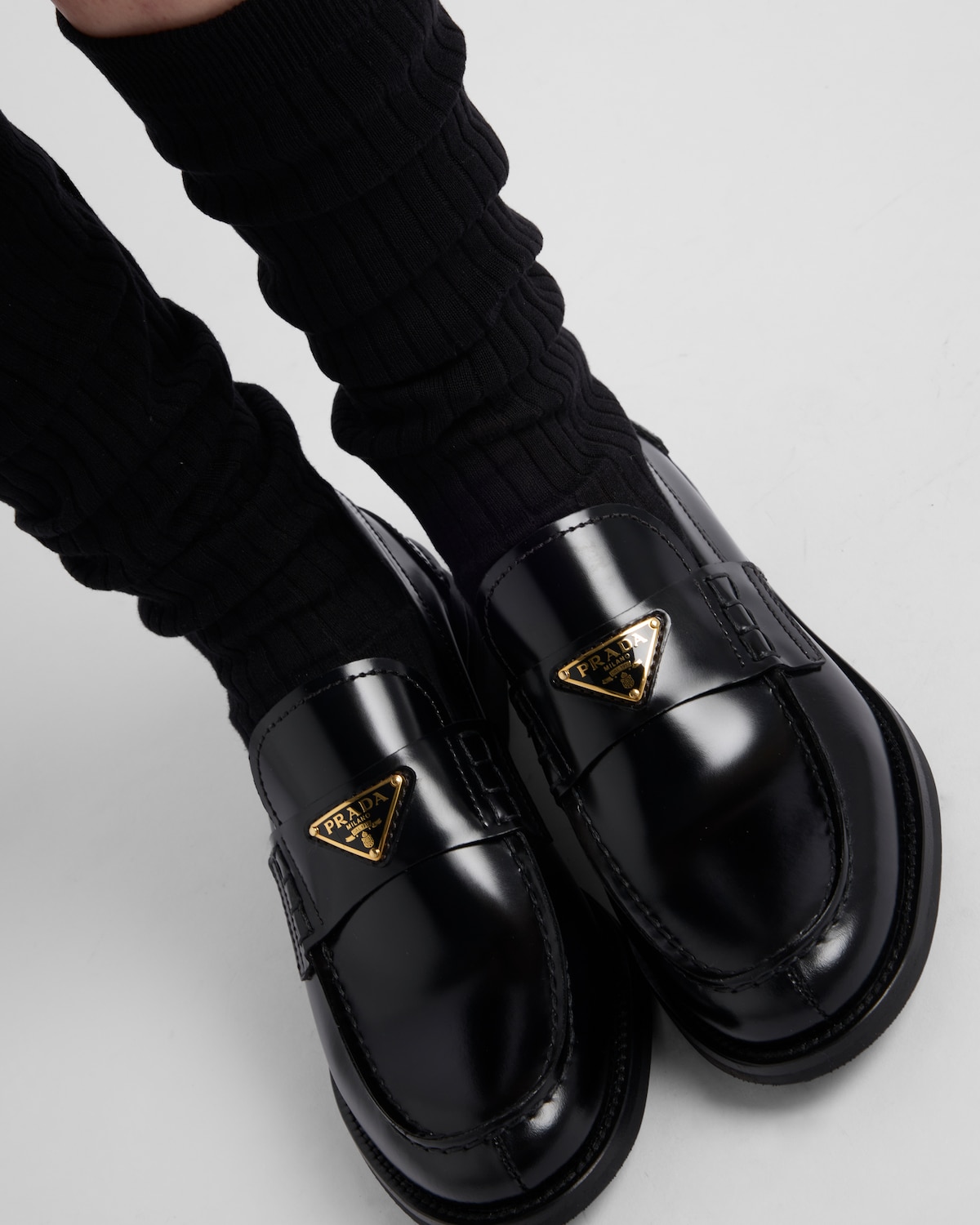 Black Brushed Leather Loafers | PRADA - United States