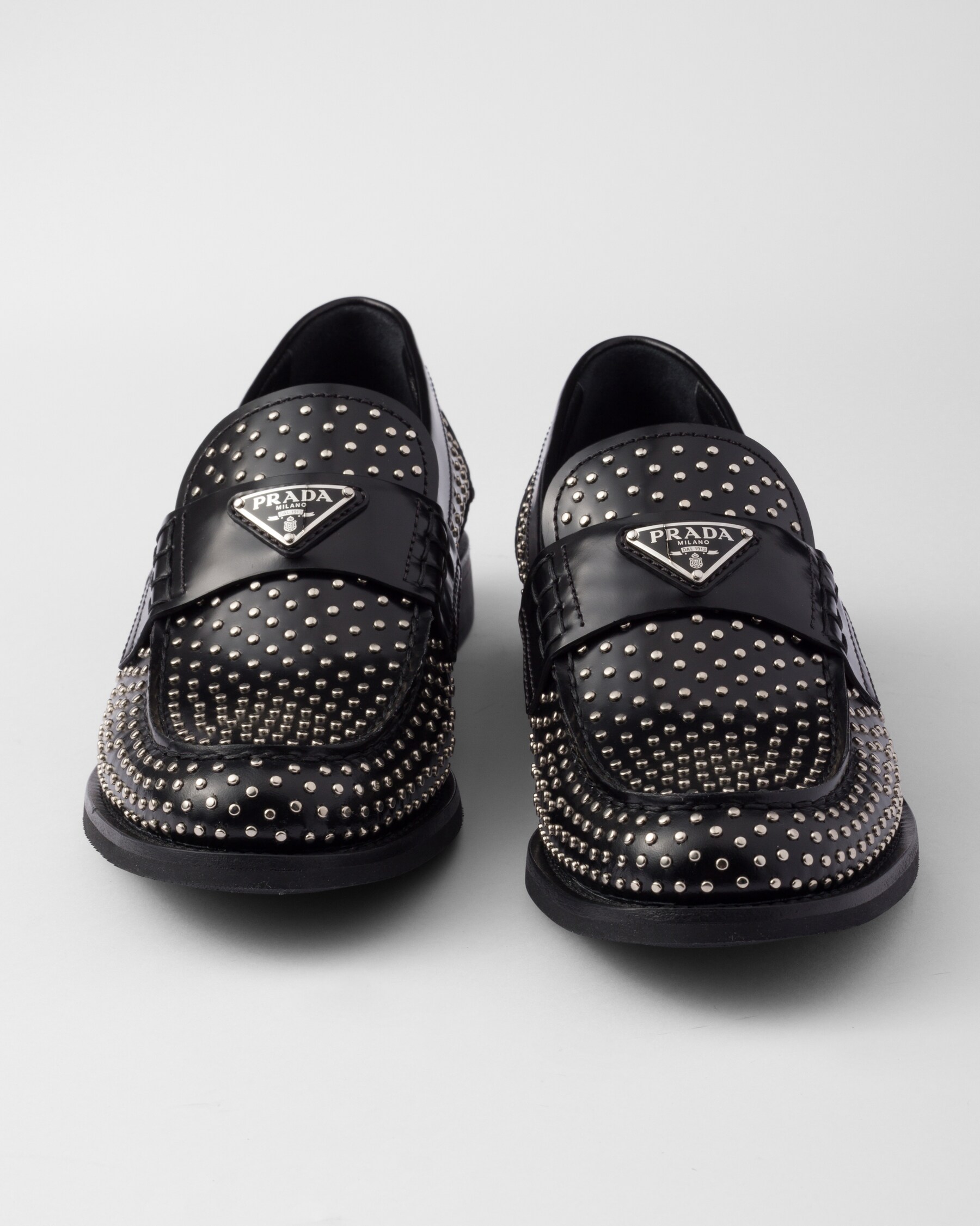 Black Studded Brushed Leather Loafers | PRADA