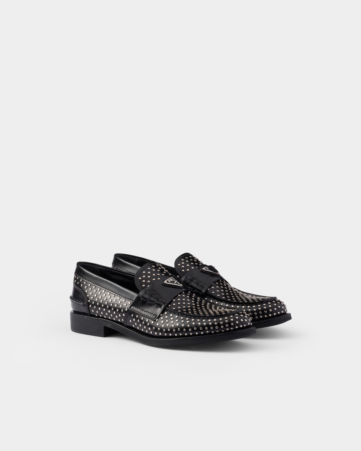 Black Studded Brushed Leather Loafers | PRADA