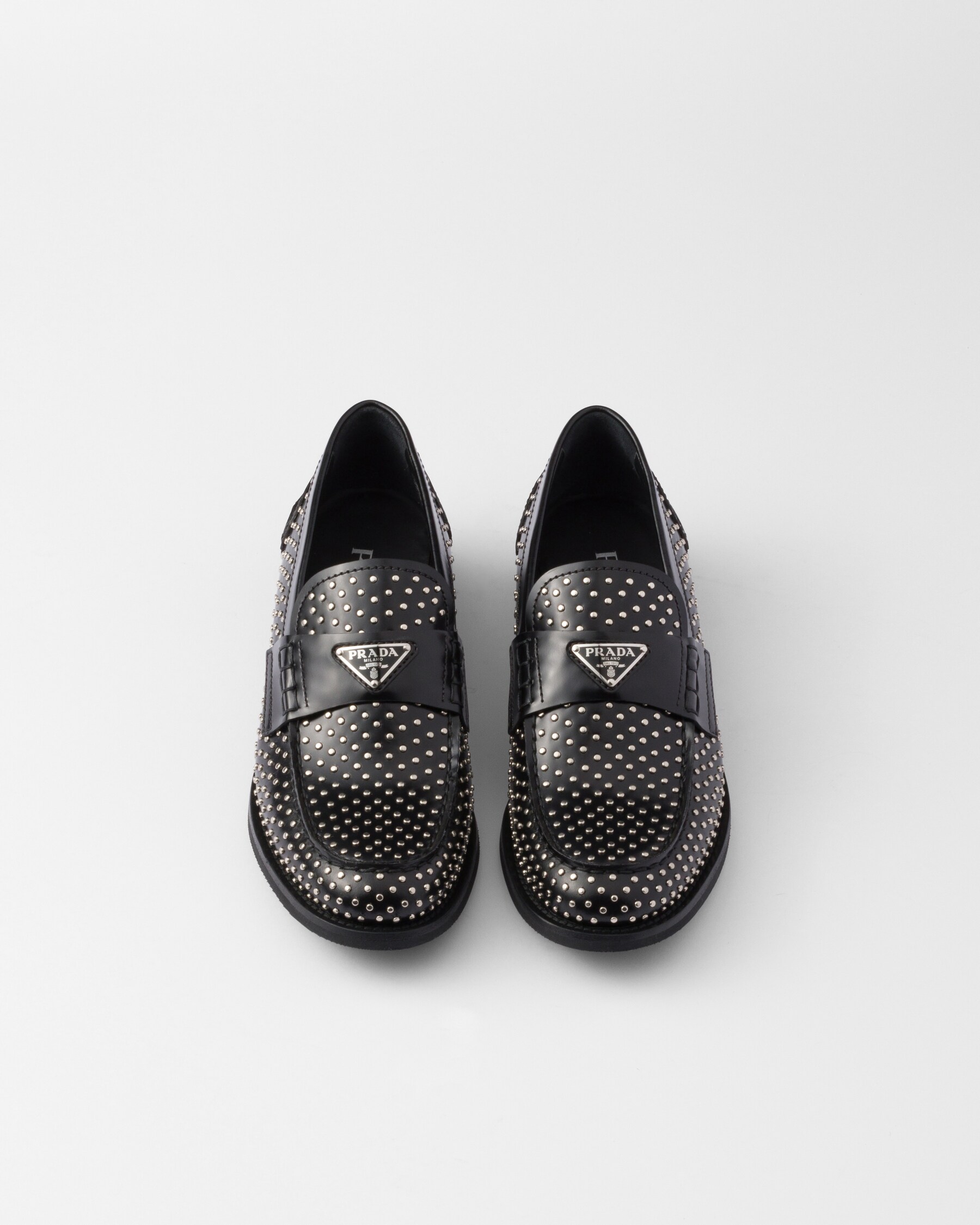 Black Studded Brushed Leather Loafers | PRADA