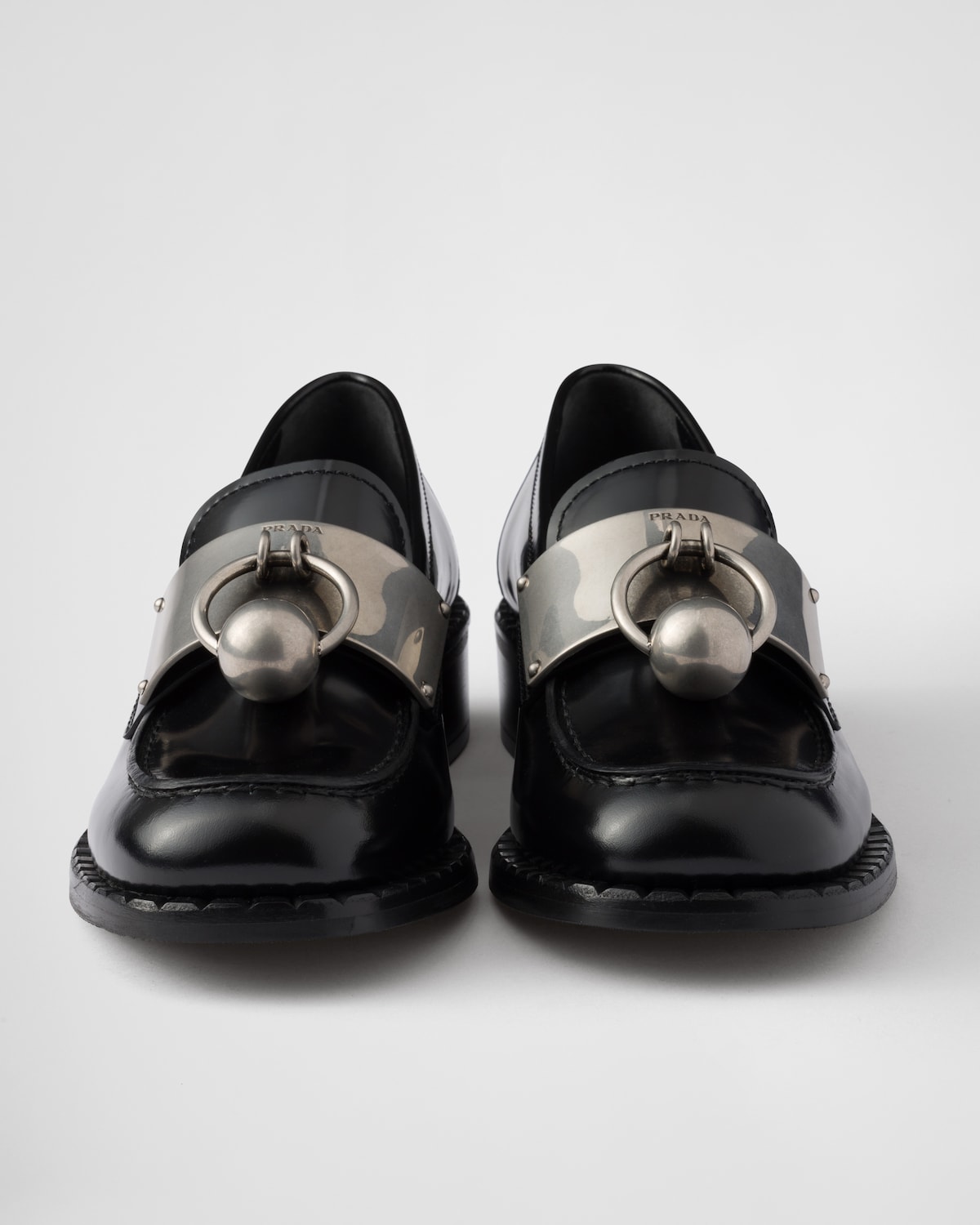 Black Brushed Leather Loafers With Metal Details | PRADA