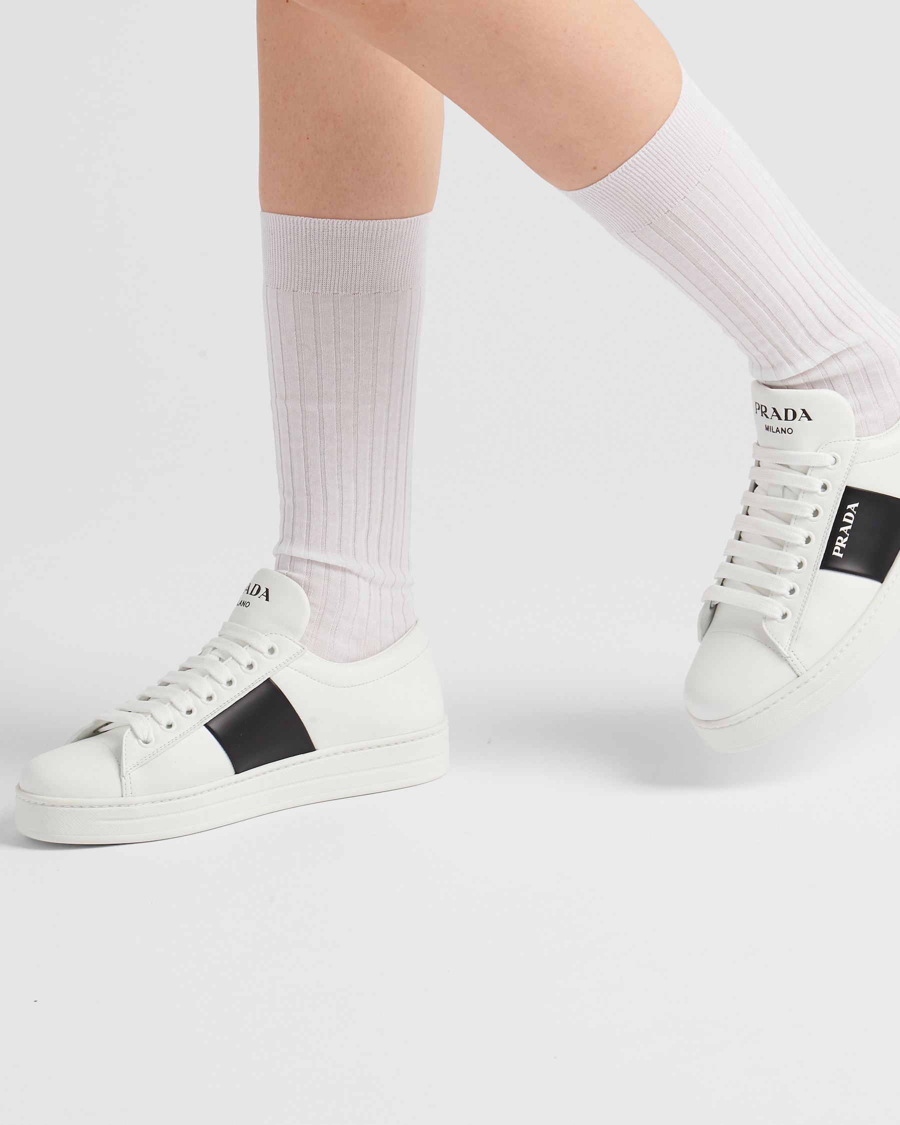 White/black Leather Laced Sneakers With Logo | PRADA