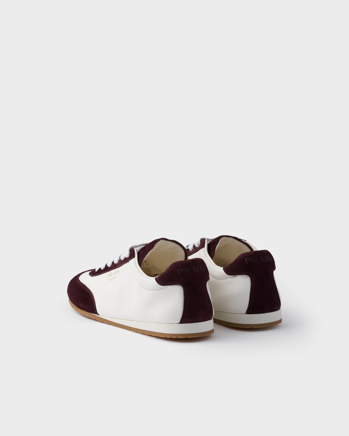 Ivory/burgundy Nappa Leather And Suede Sneakers | PRADA - United States