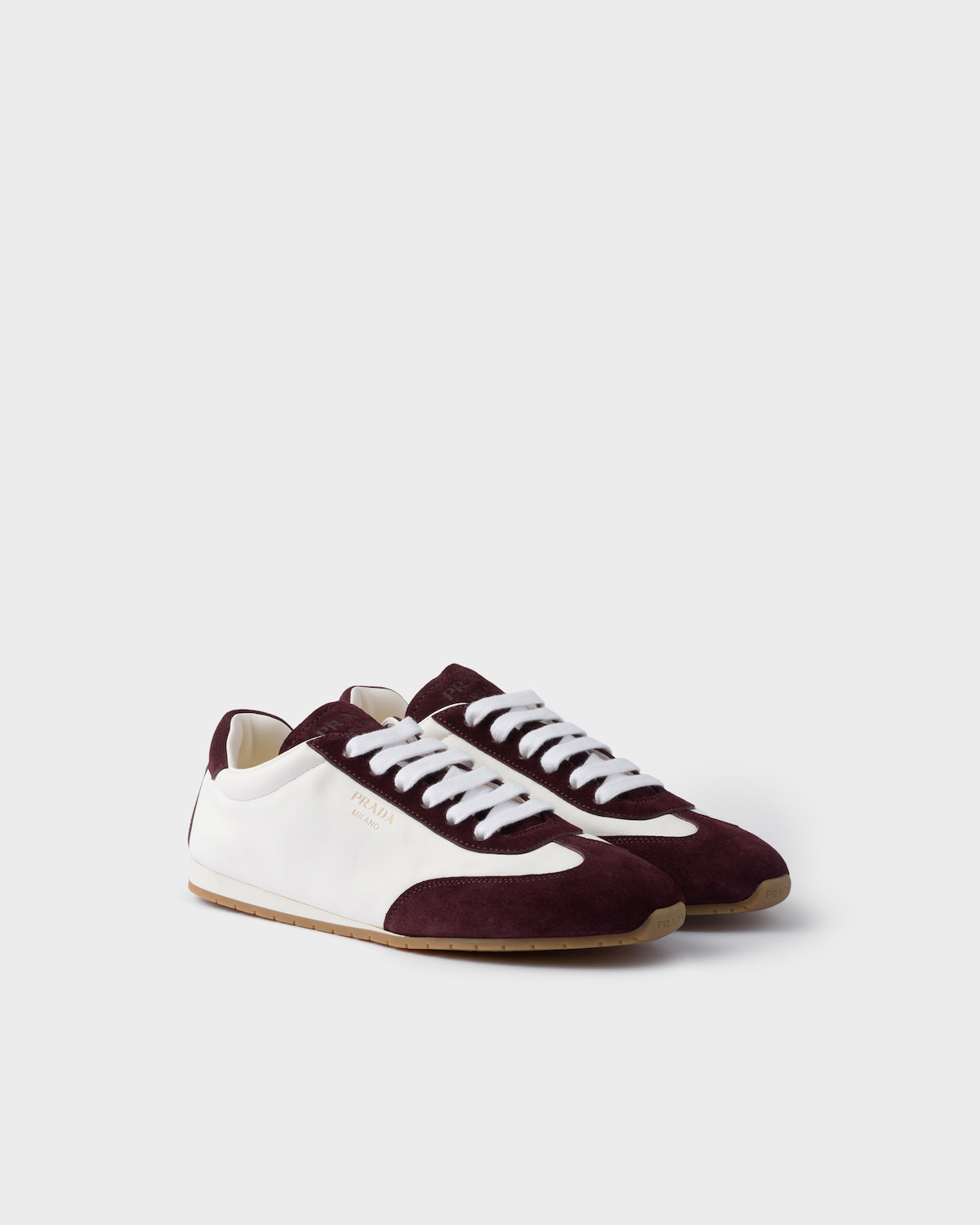 Ivory/burgundy Nappa Leather And Suede Sneakers | PRADA - United States