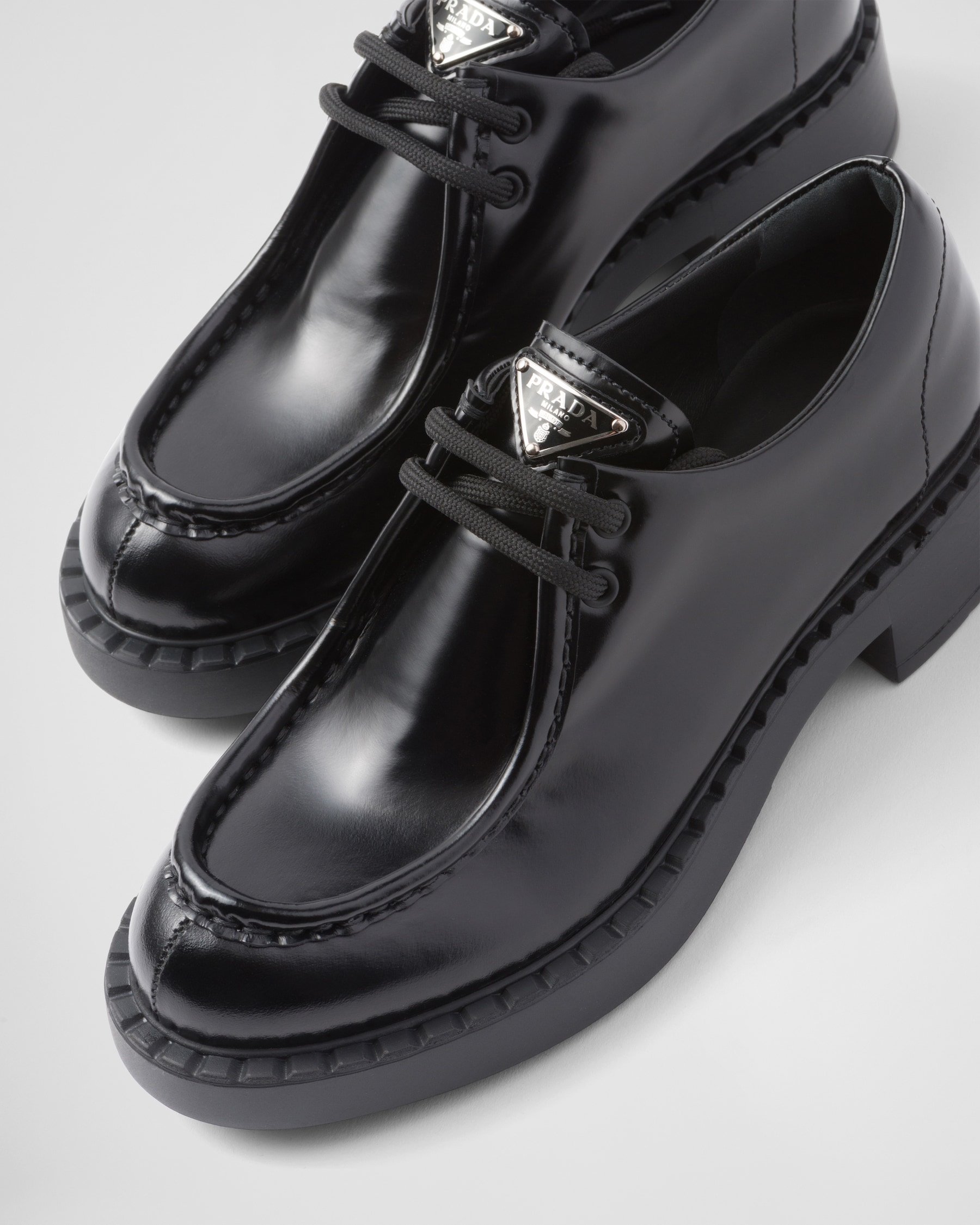 Black Brushed Leather Lace-up Shoes | PRADA
