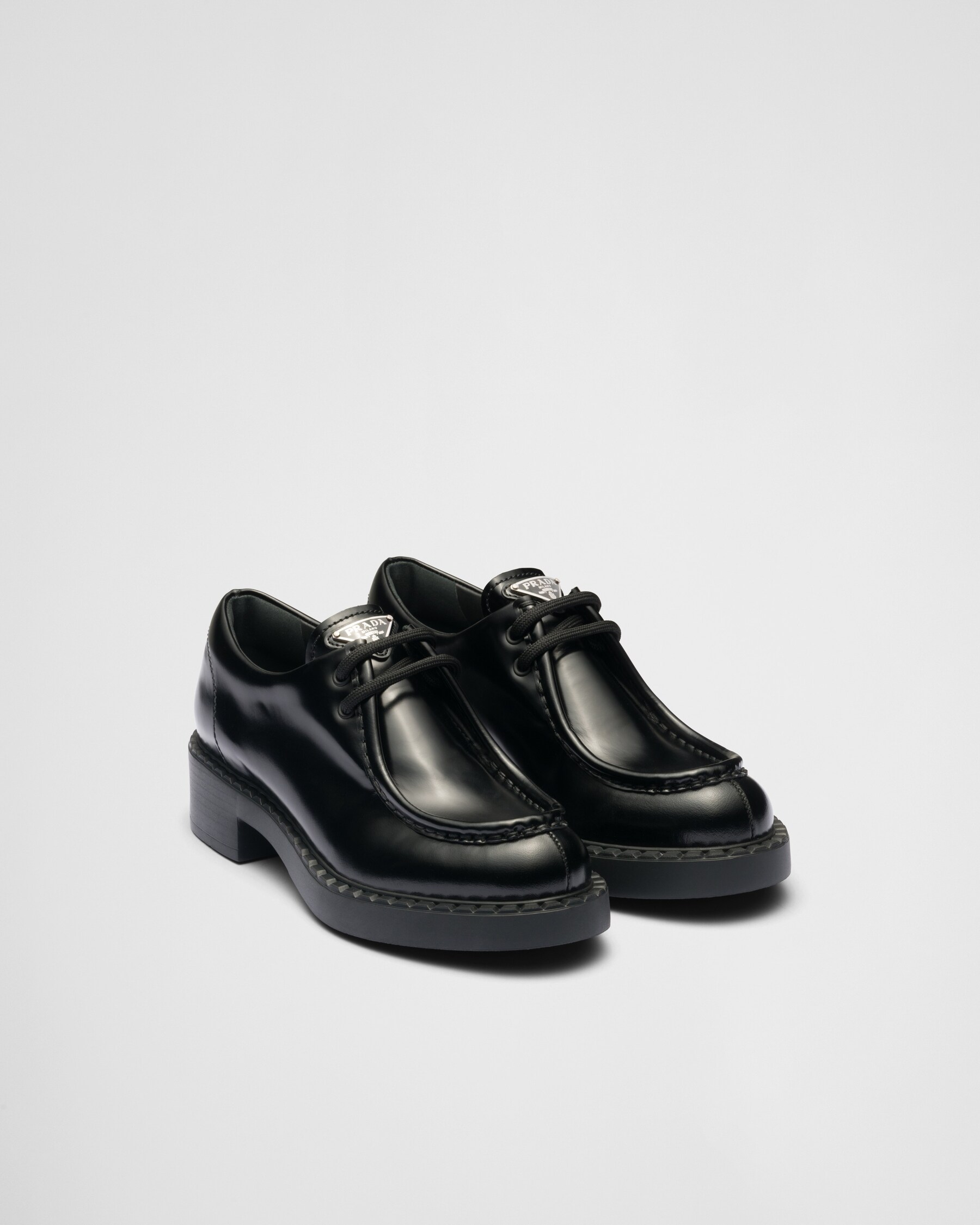 Black Brushed Leather Lace-up Shoes | PRADA