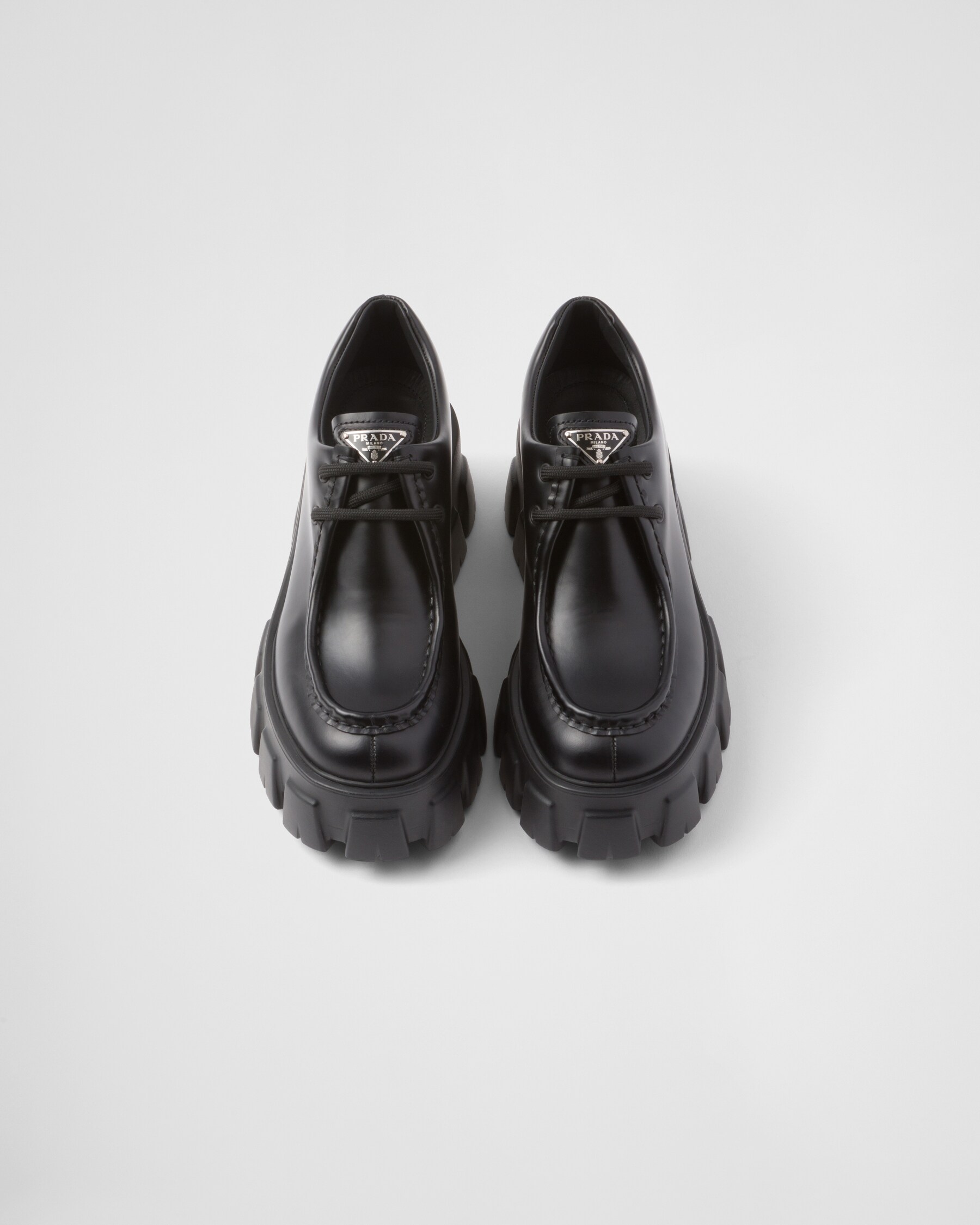 Black Monolith Brushed Leather Lace-up Shoes | PRADA