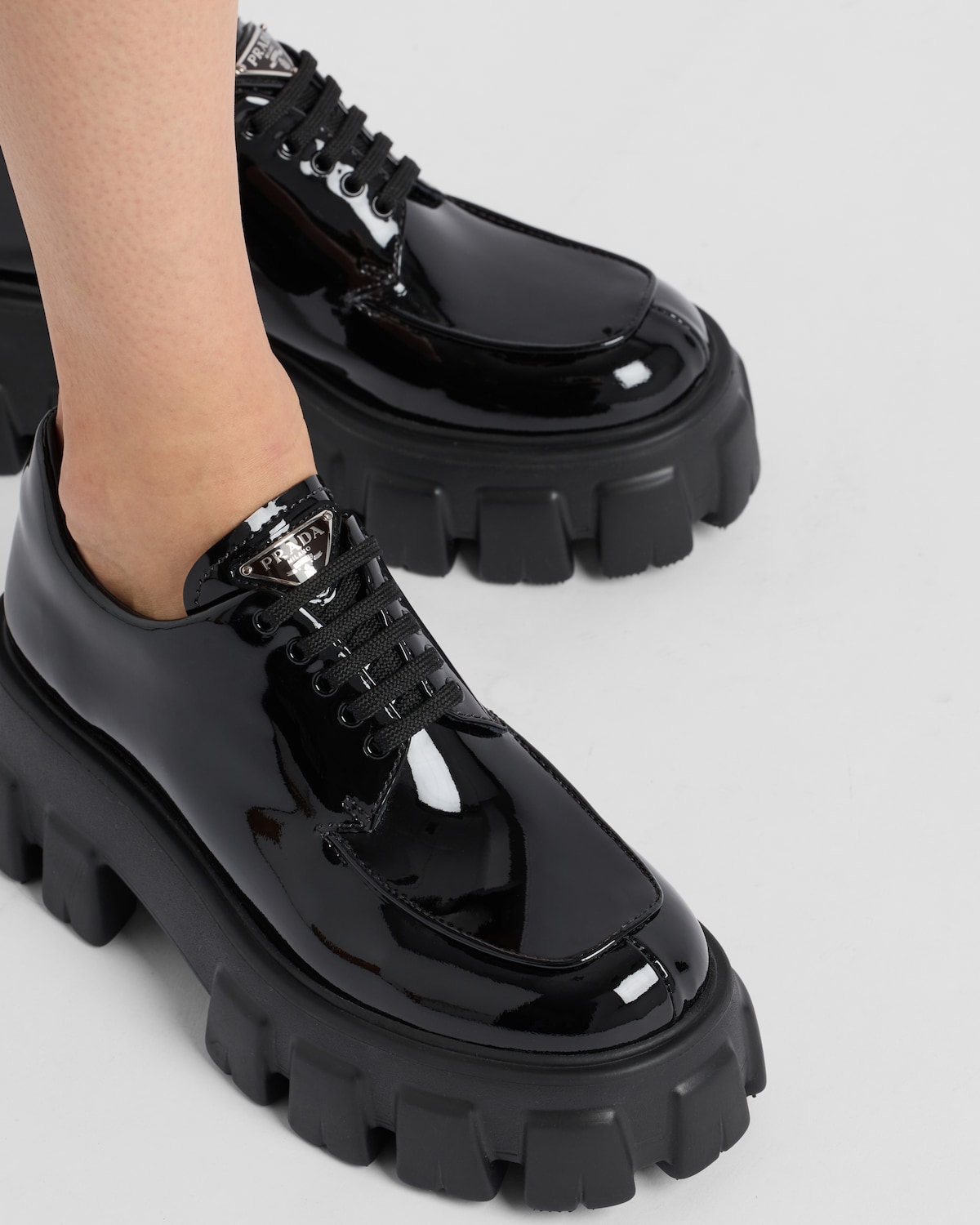 Black Monolith Patent Leather Lace-up Shoes | PRADA