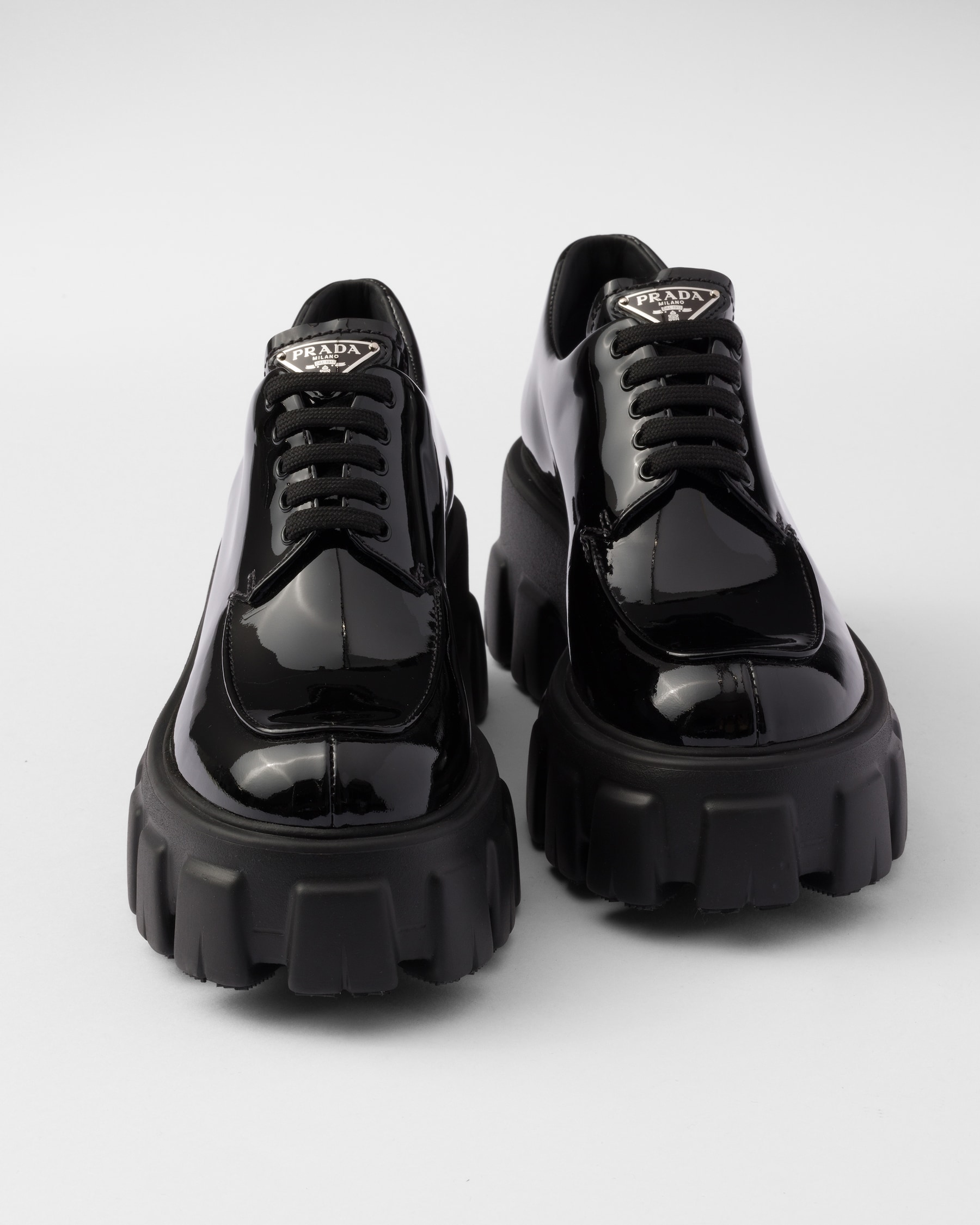 Black Monolith Patent Leather Lace-up Shoes | PRADA