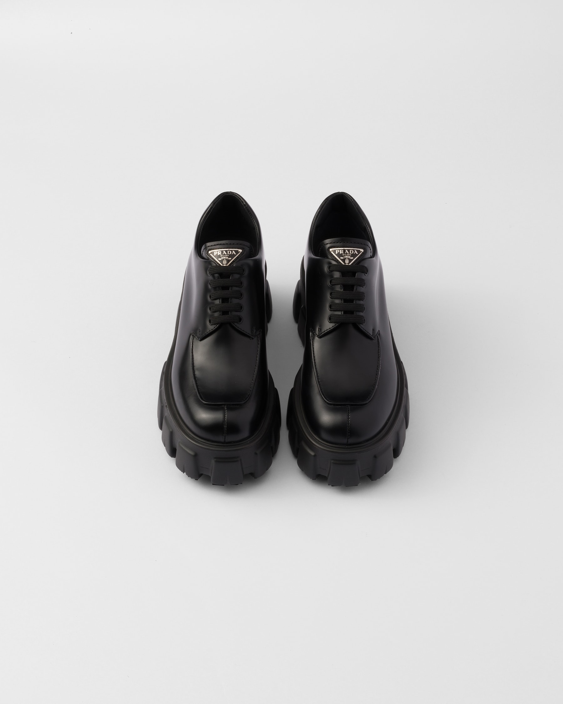 Black Monolith Brushed Leather Lace-up Shoes | PRADA