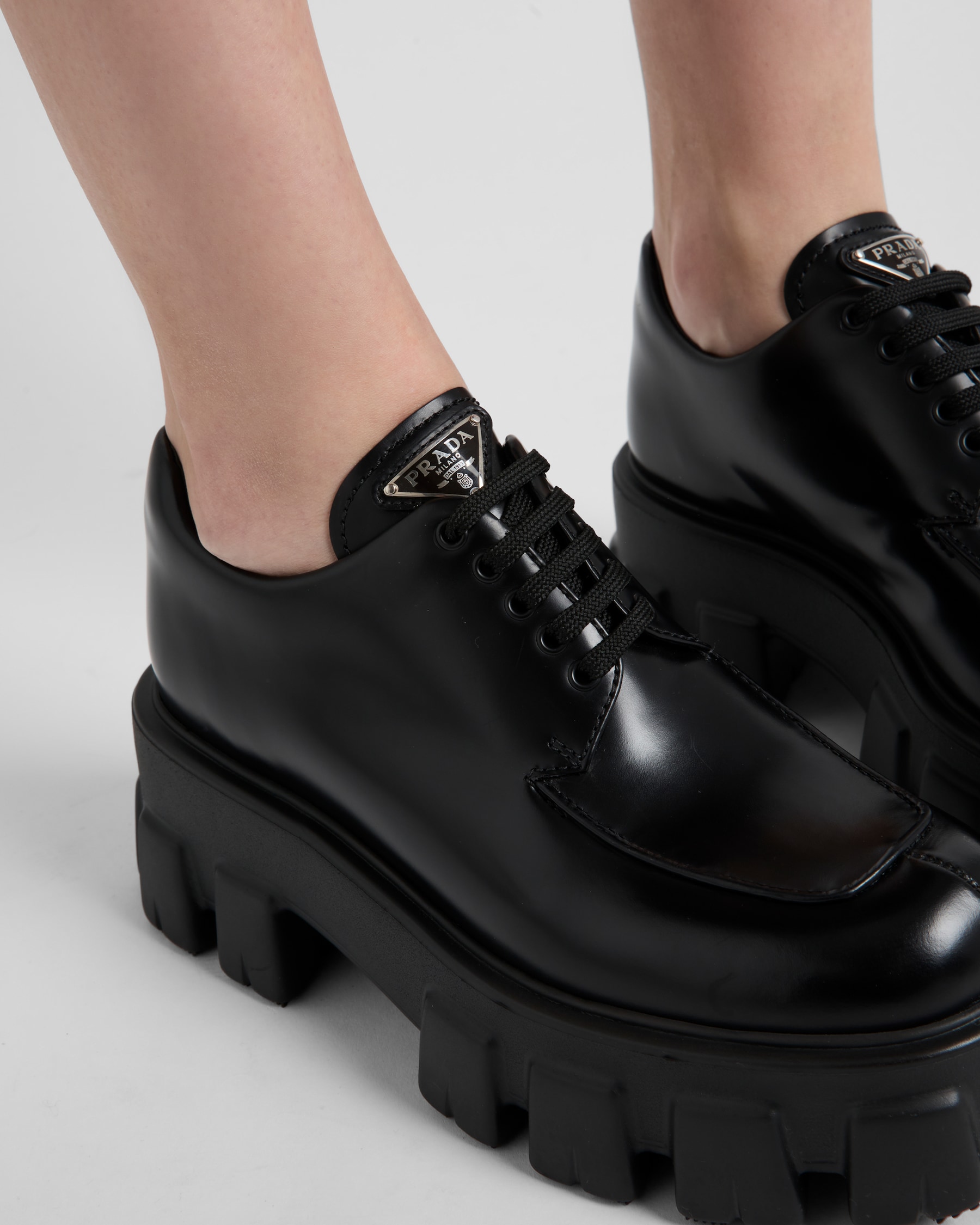 Black Monolith Brushed Leather Lace-up Shoes | PRADA