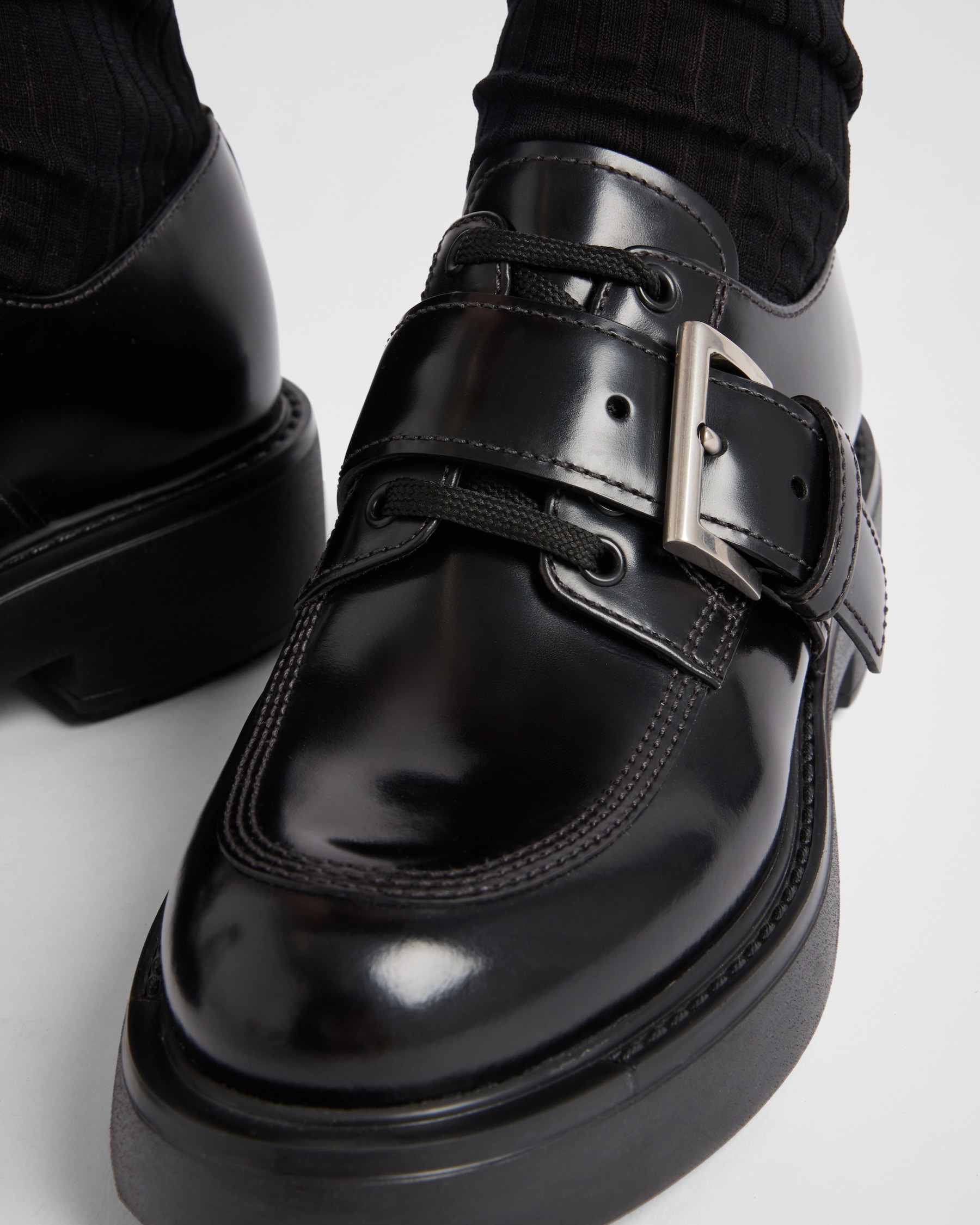 Black Brushed Leather Lace-up Shoes | PRADA