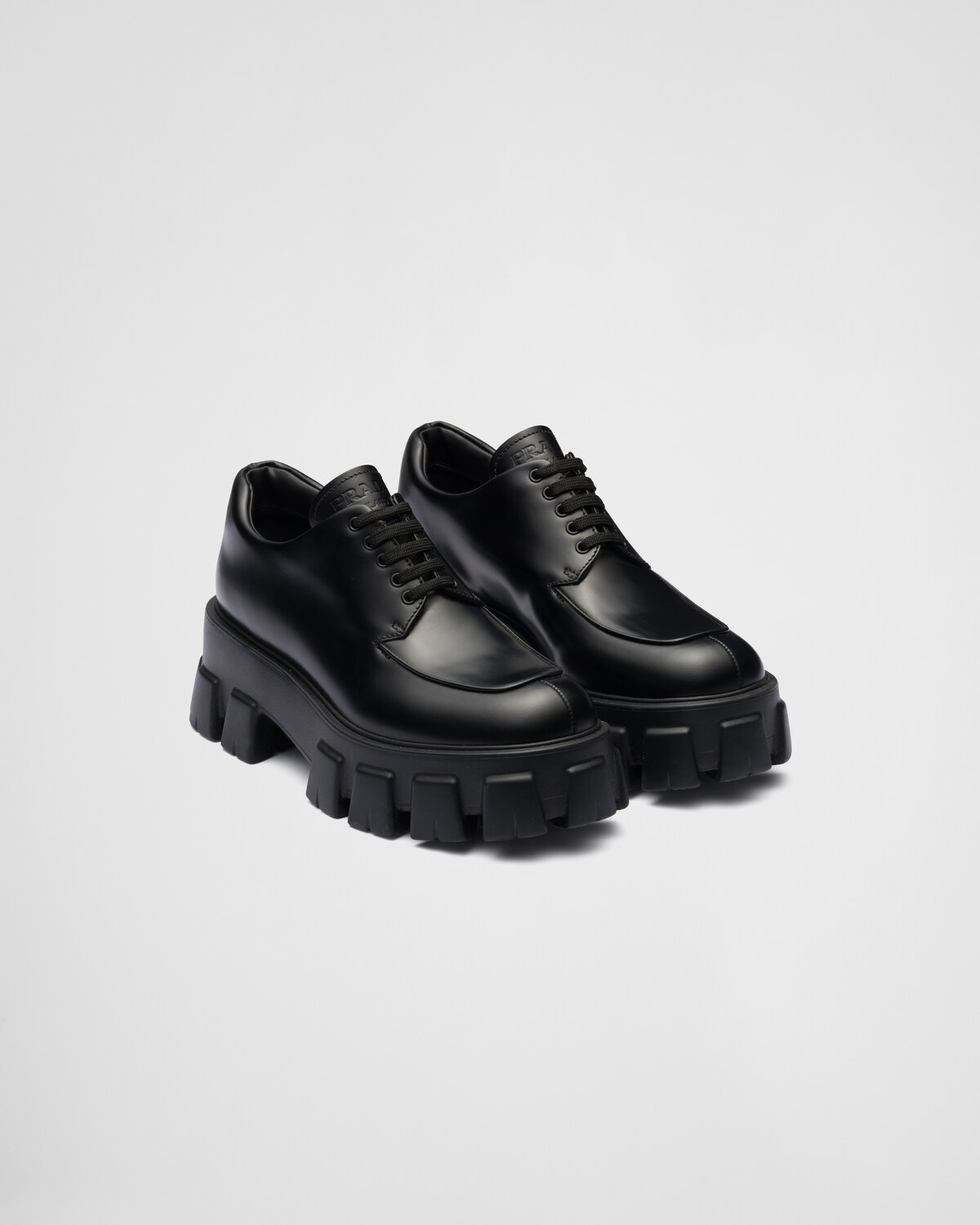 Black Monolith Brushed Leather Lace-up Shoes | PRADA