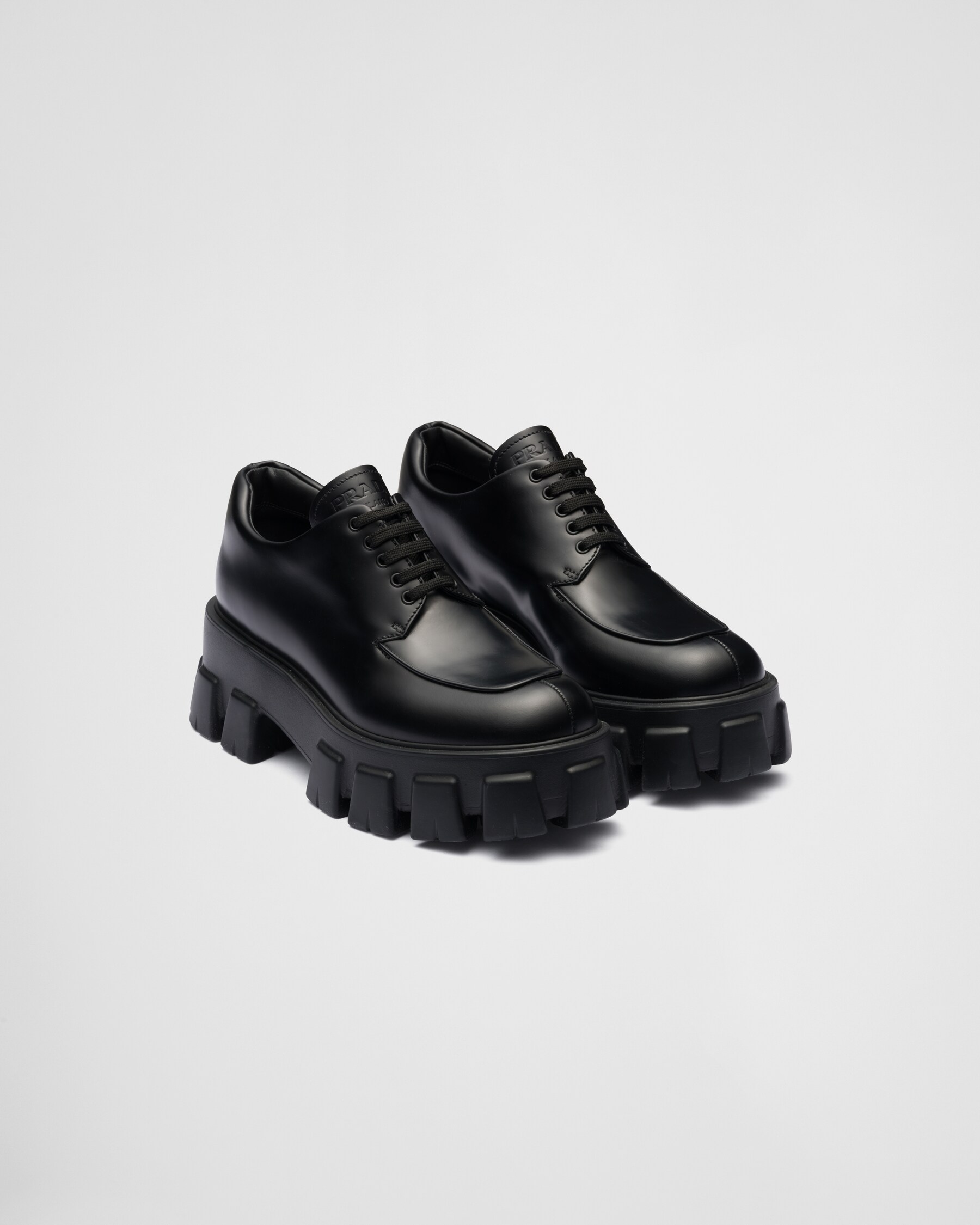 Black Monolith Brushed Leather Lace-up Shoes | PRADA