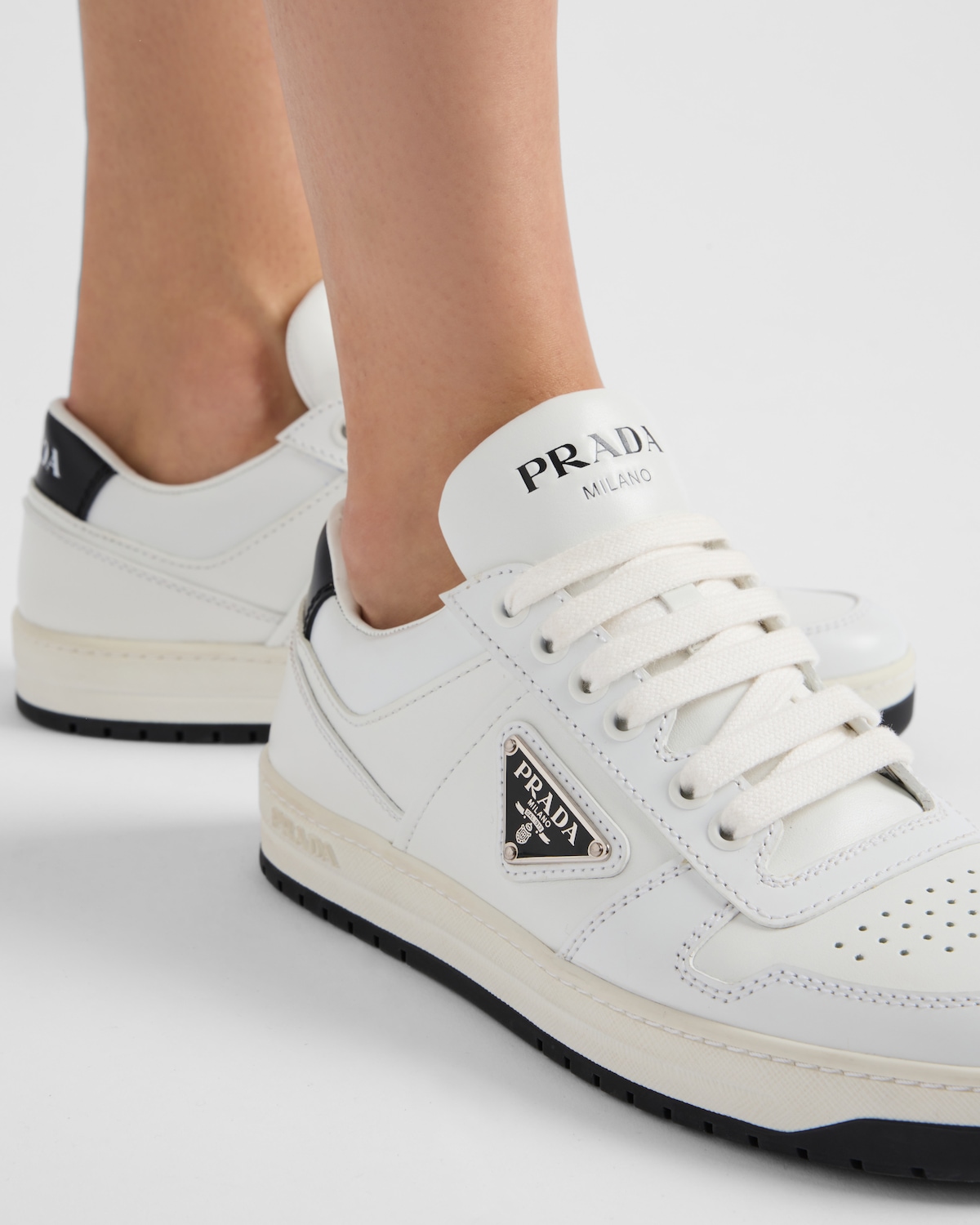 White/black Downtown Leather Sneakers | PRADA