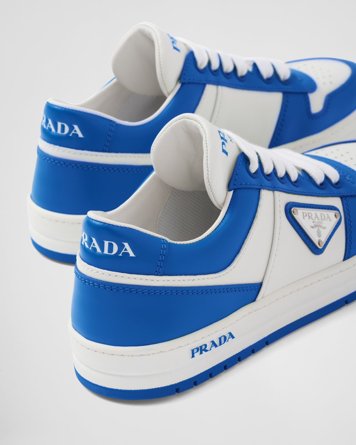 White/cobalt Blue Downtown Perforated Leather Sneakers | PRADA