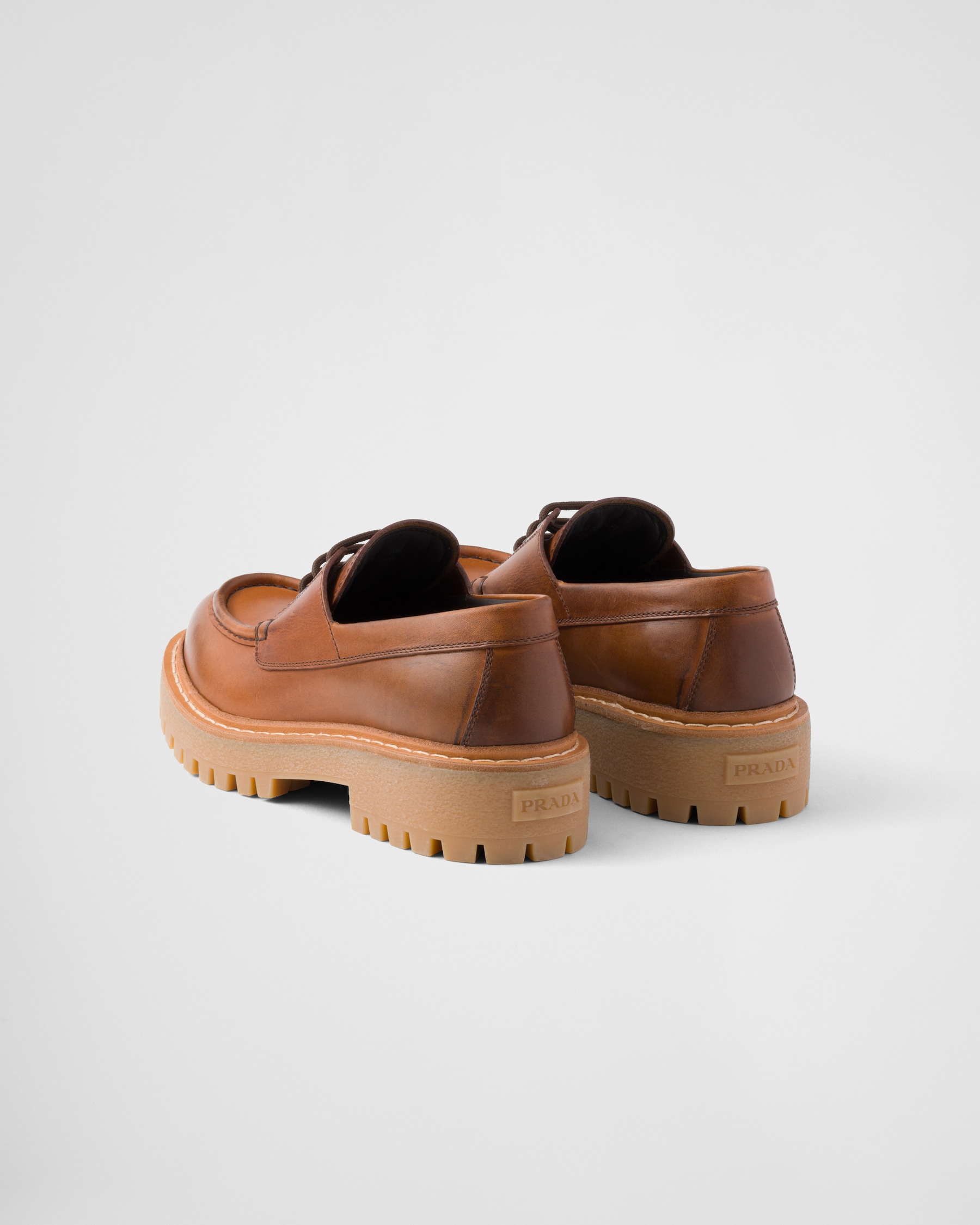Cognac Laced Leather Loafers | PRADA