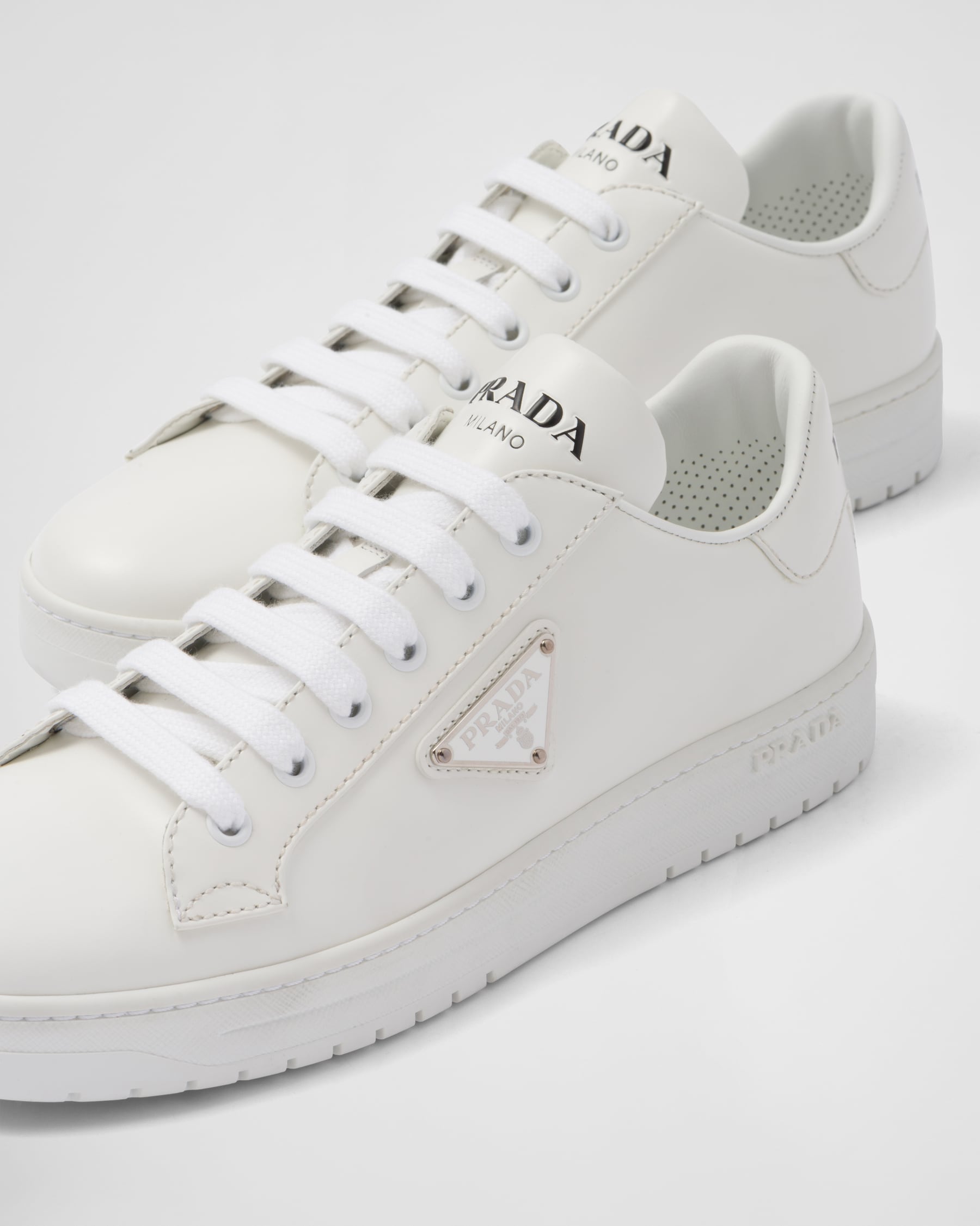 White Downtown Brushed Leather Sneakers | PRADA