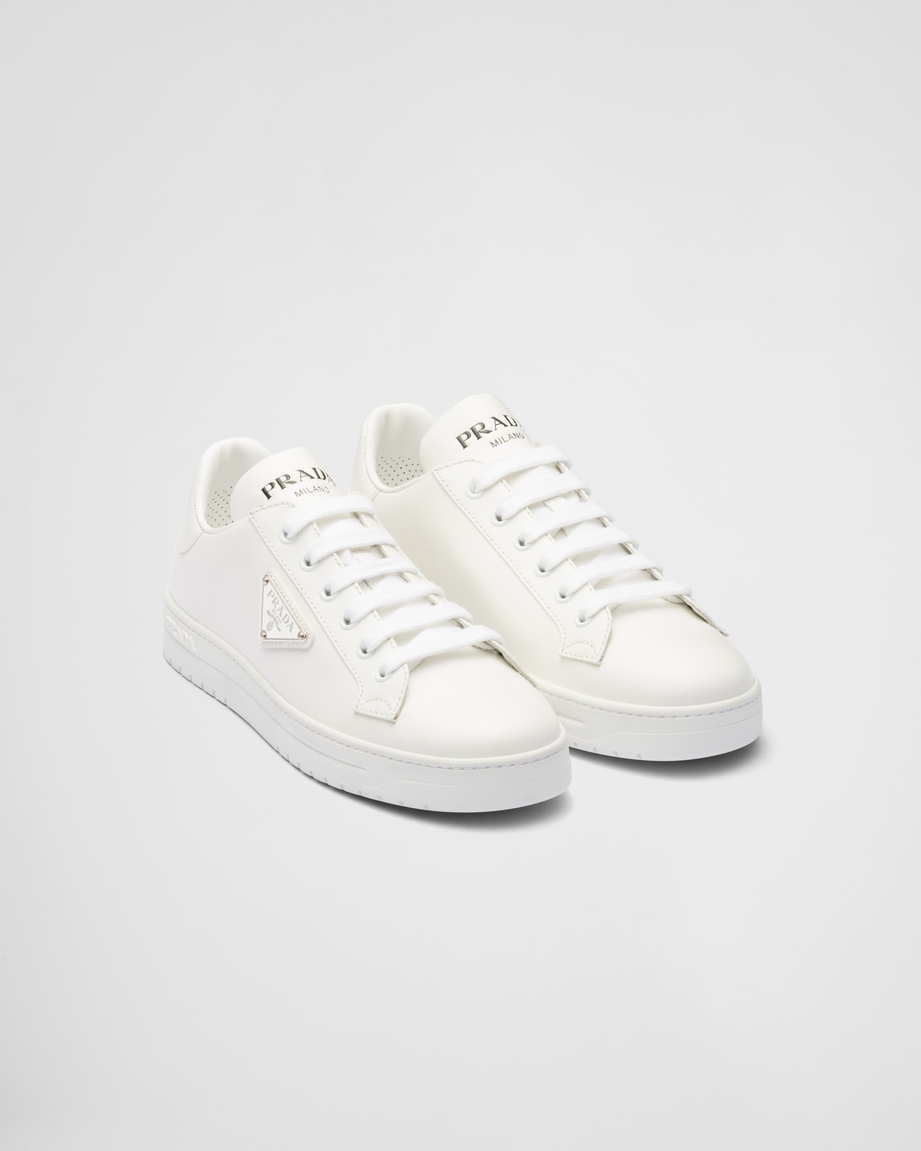 White Downtown Brushed Leather Sneakers | PRADA