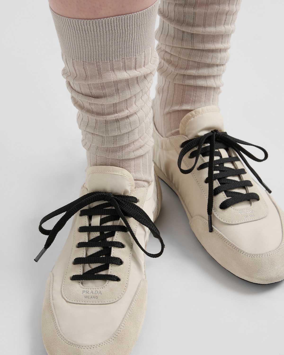 Ivory Collapse Re-nylon And Suede Sneakers | PRADA