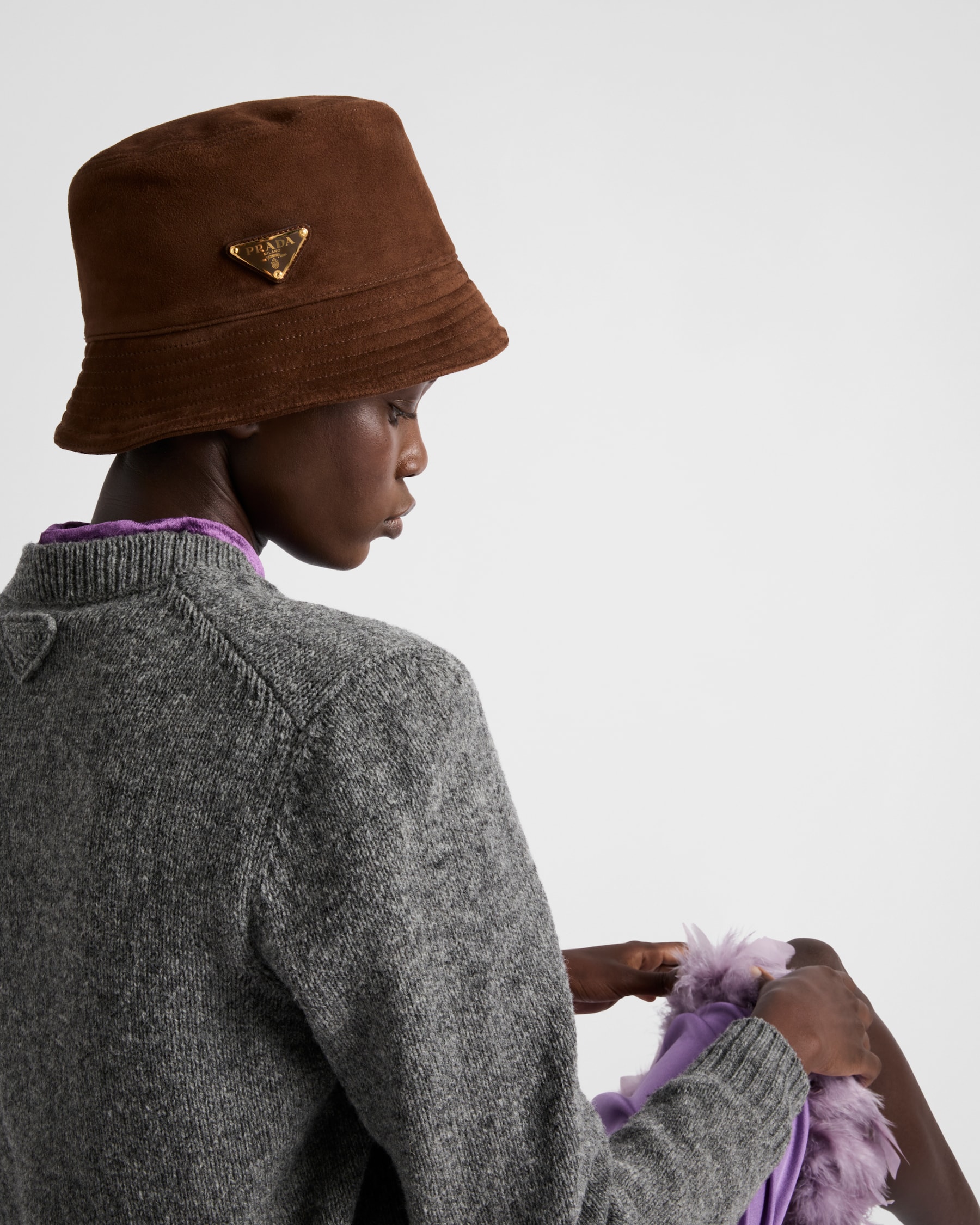 Cocoa Brown Suede Bucket Hat | PRADA