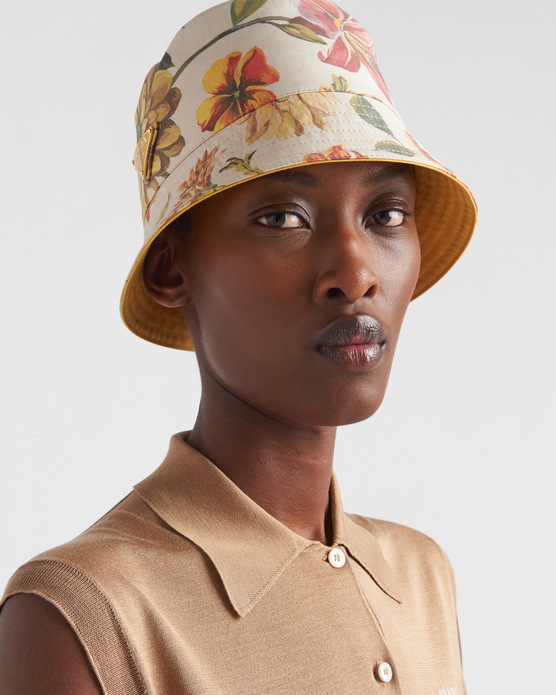 Sand Beige Reversible Printed Cotton Bucket Hat | PRADA
