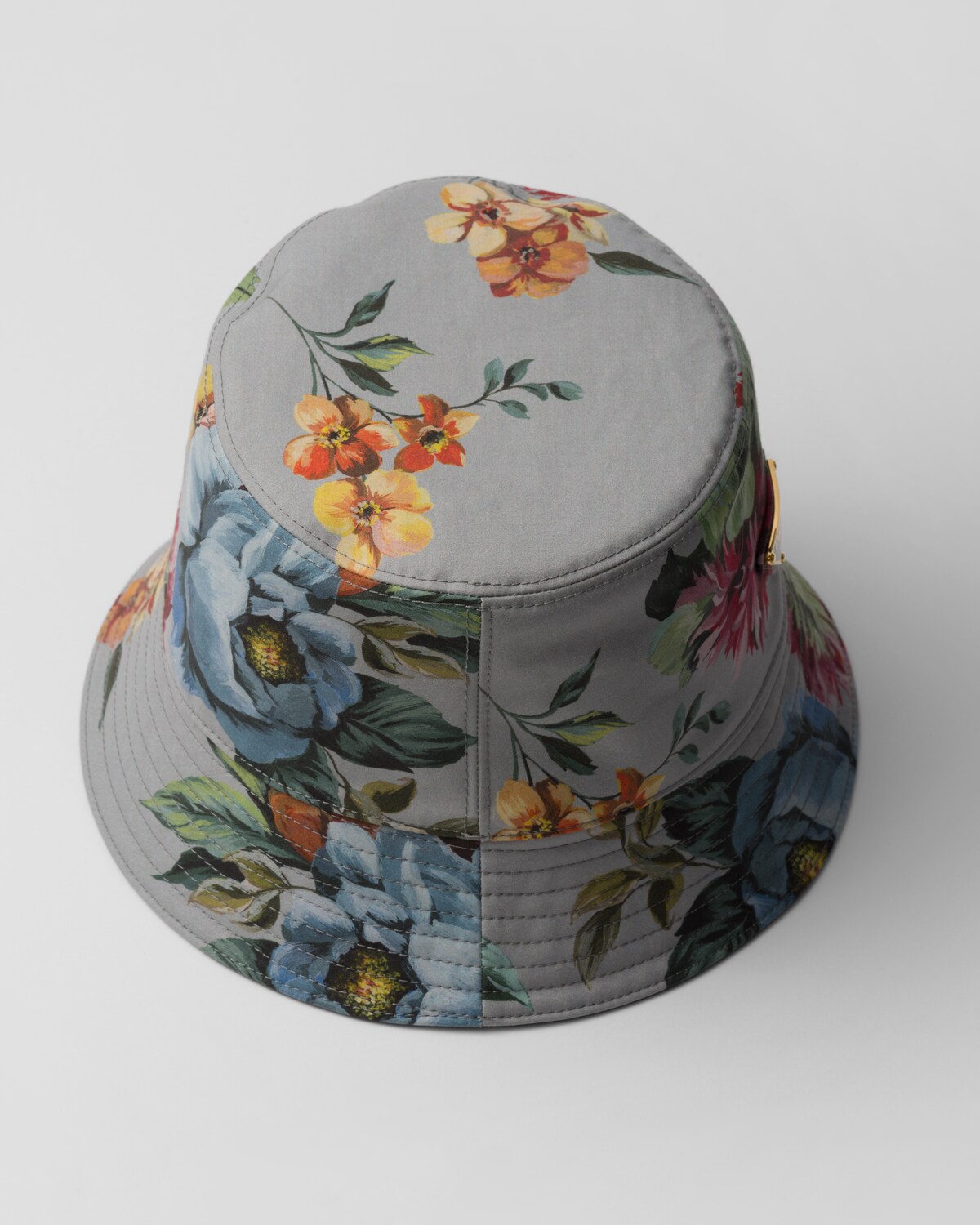 Steel Gray Reversible Printed Cotton Bucket Hat | PRADA