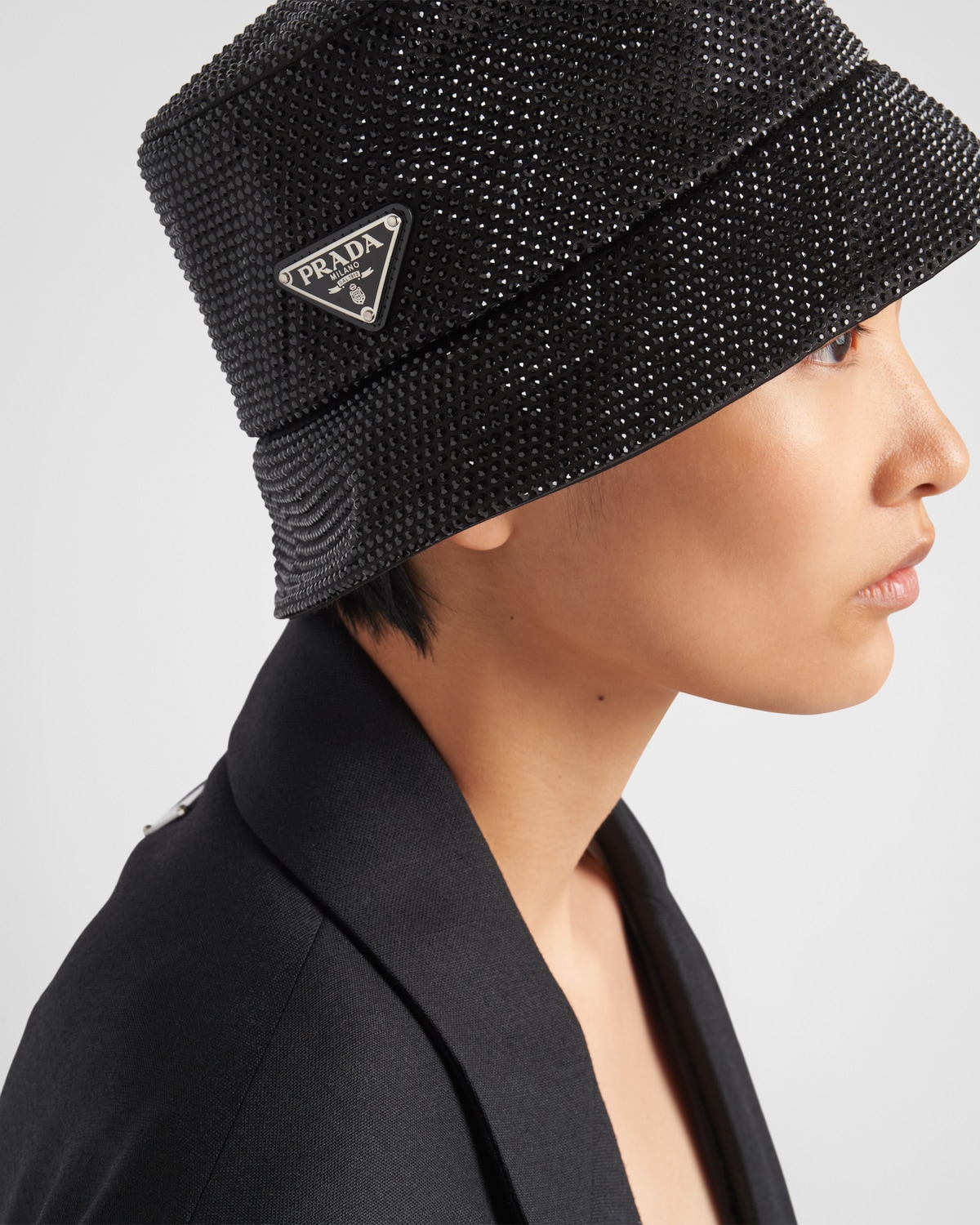 Black Satin Bucket Hat With Crystals | PRADA