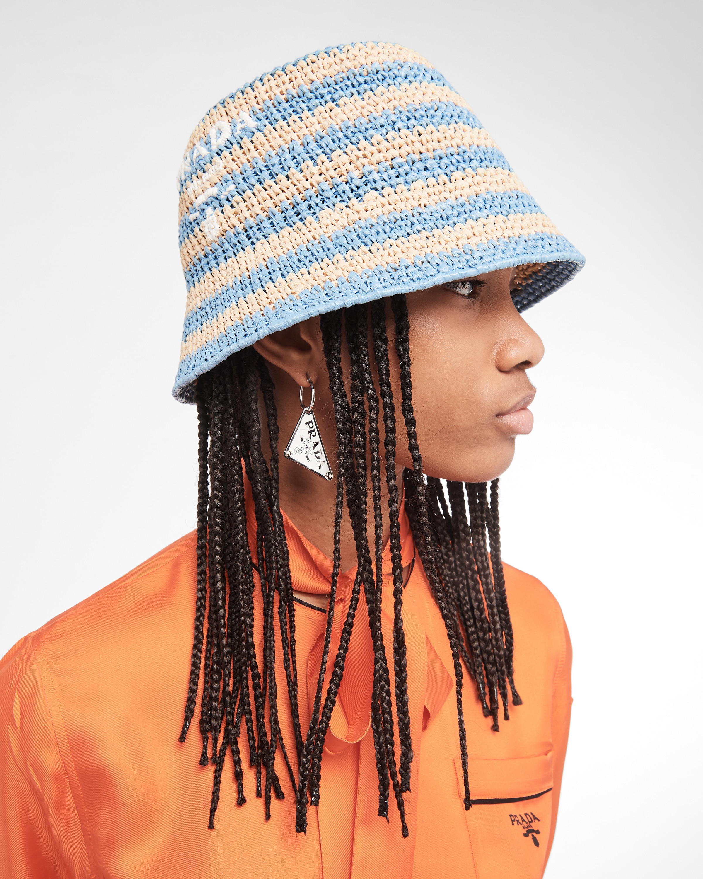 Tan / Light Blue Raffia bucket hat | Prada