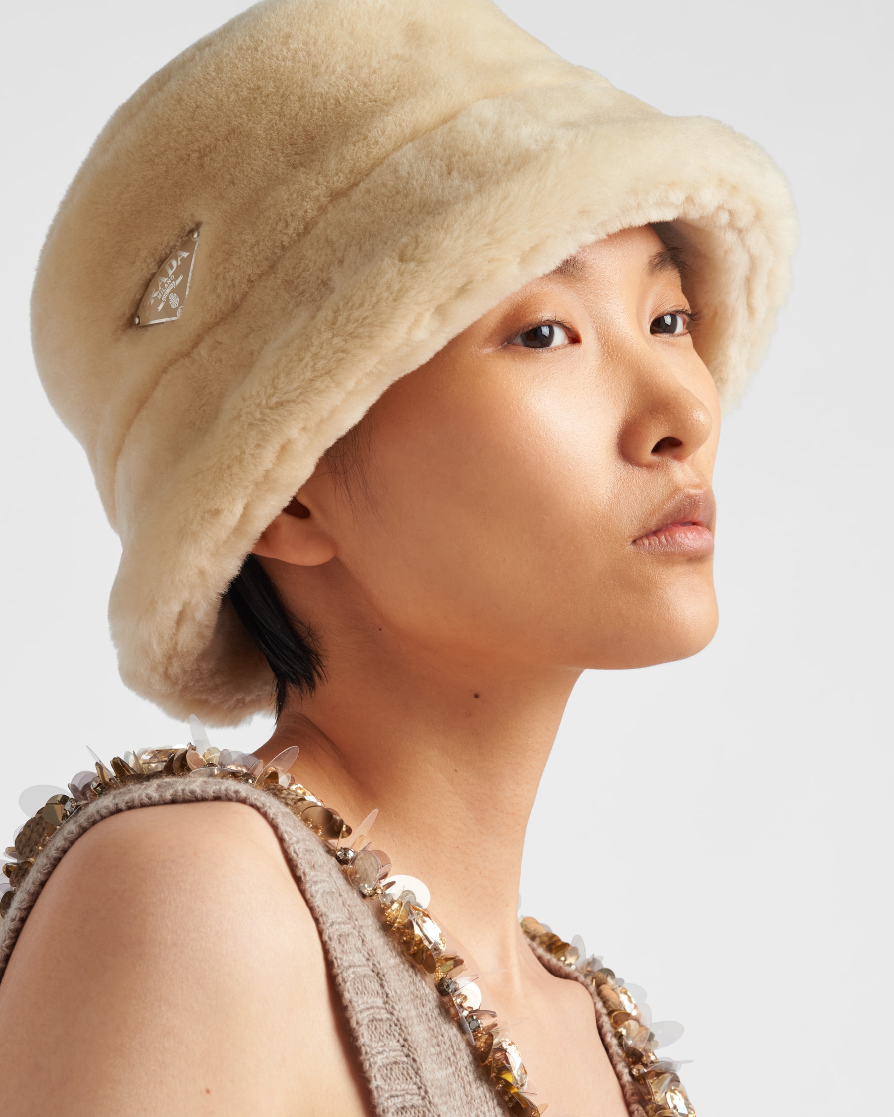 Ecru Shearling Bucket Hat | PRADA