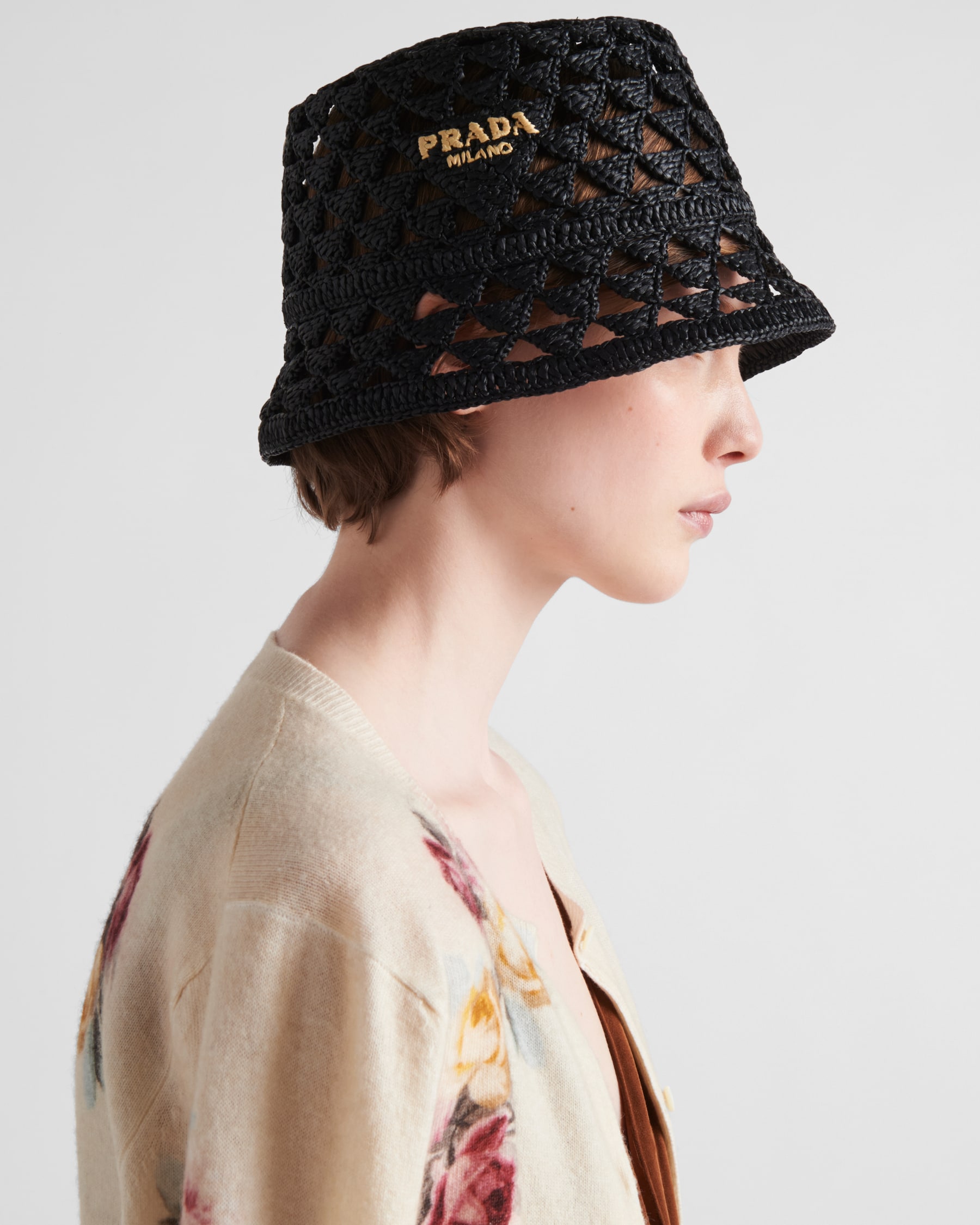 Black/tan Crochet Bucket Hat | PRADA