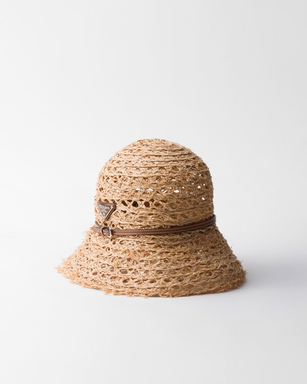 Beige/cognac Raffia Bucket Hat | PRADA