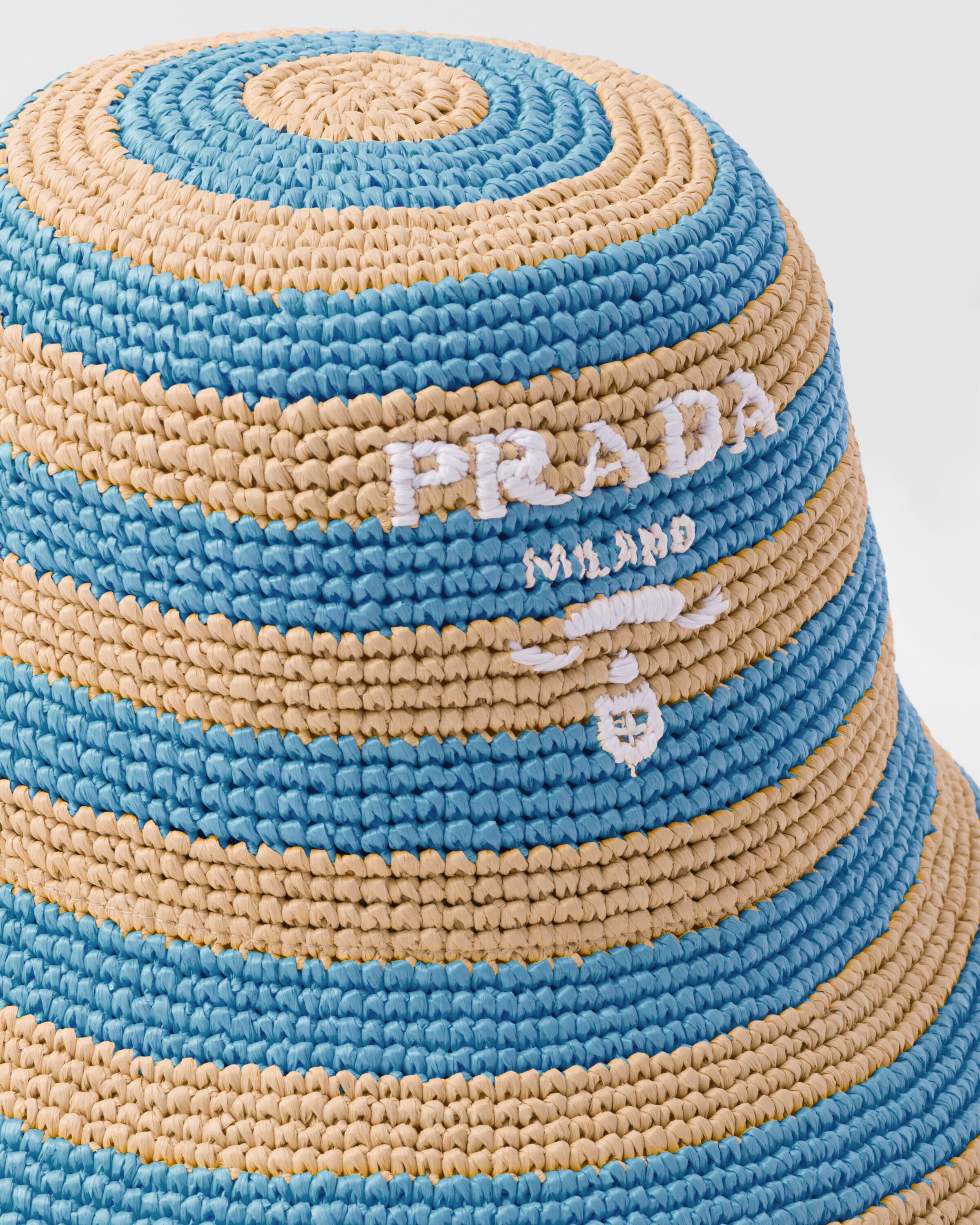 Tan Light Blue Crochet Bucket Hat Prada 3570