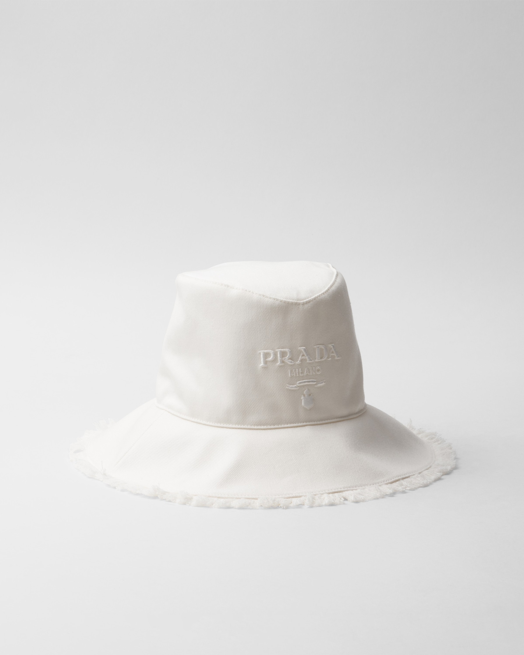 White Wide-brimmed Drill Bucket Hat | PRADA