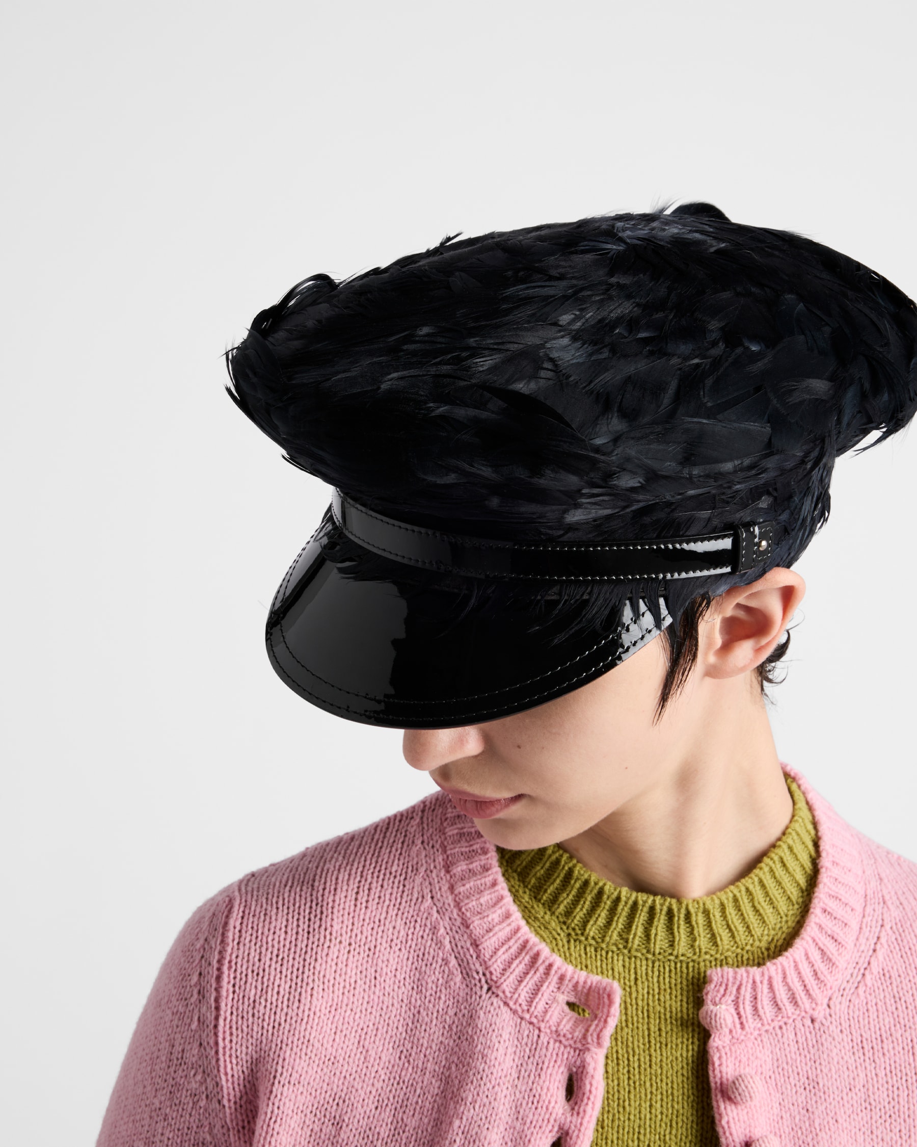 Black Patent Leather And Feather Hat | PRADA