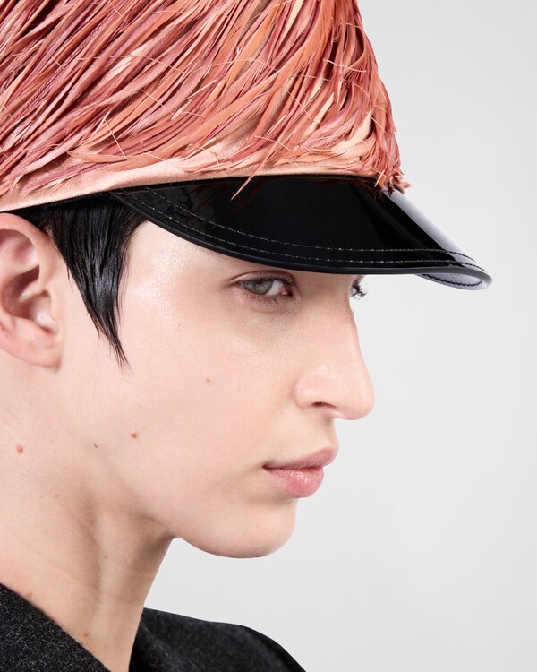 Apricot Patent Leather And Feather Hat | PRADA