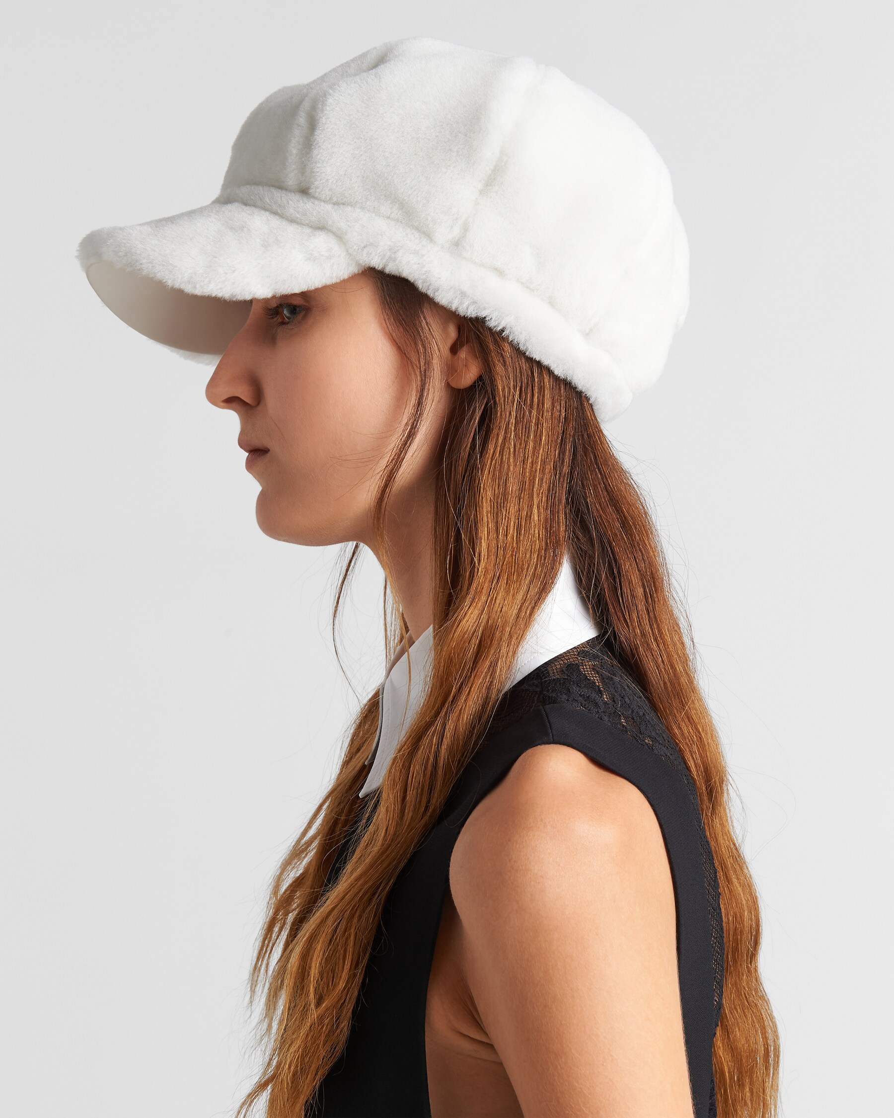White Shearling Newsboy Cap | PRADA