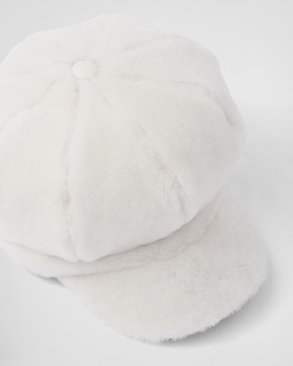 White Shearling Newsboy Cap | PRADA