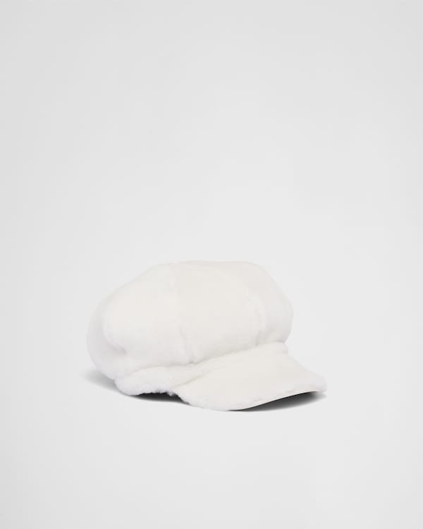 White Shearling Newsboy Cap | PRADA