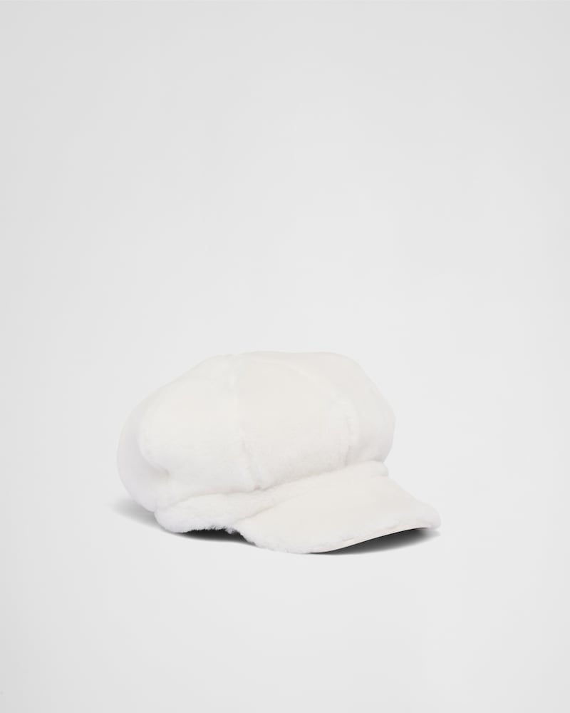 White Shearling Newsboy Cap | PRADA