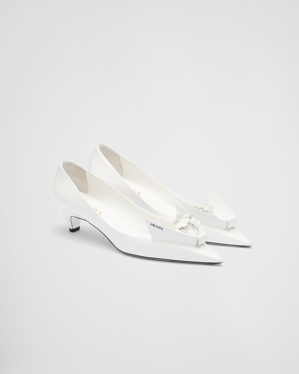 White Brushed Leather Pumps With Floral Appliqués | PRADA