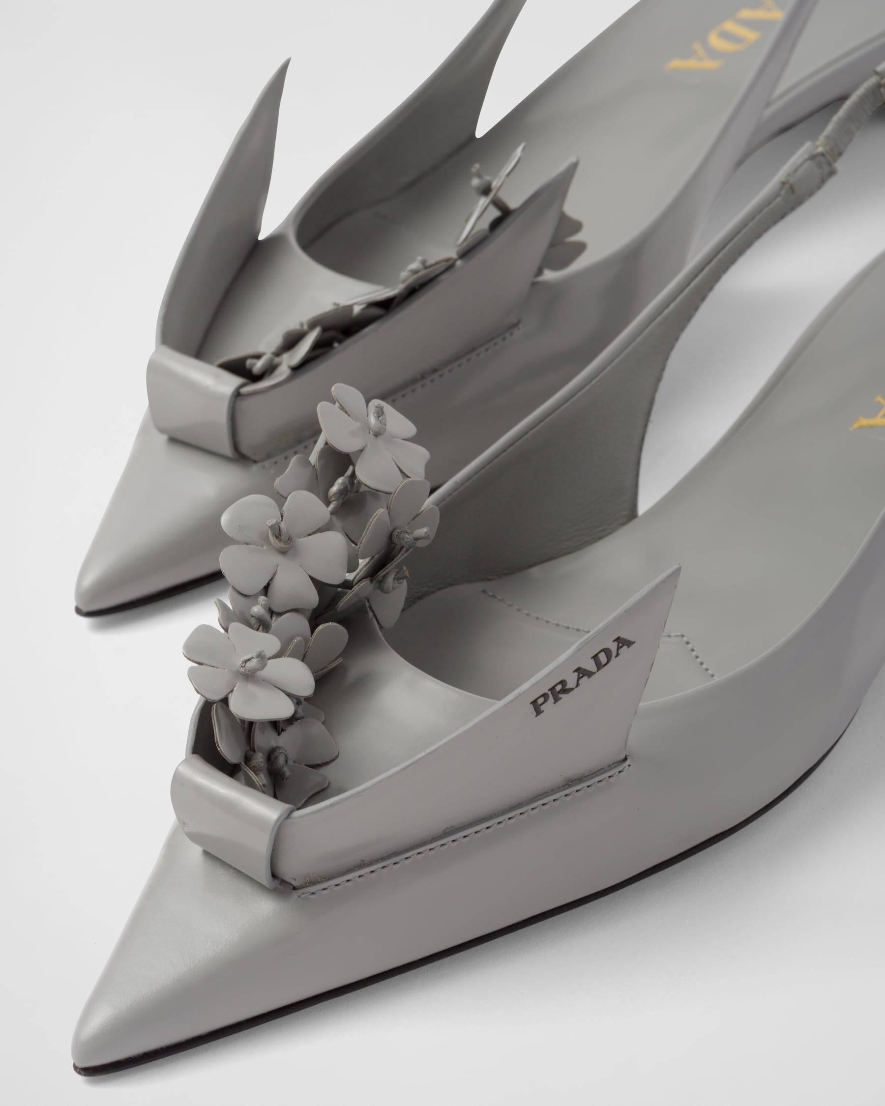 Cloudy Gray Brushed Leather Slingback Pumps With Floral Appliques | PRADA