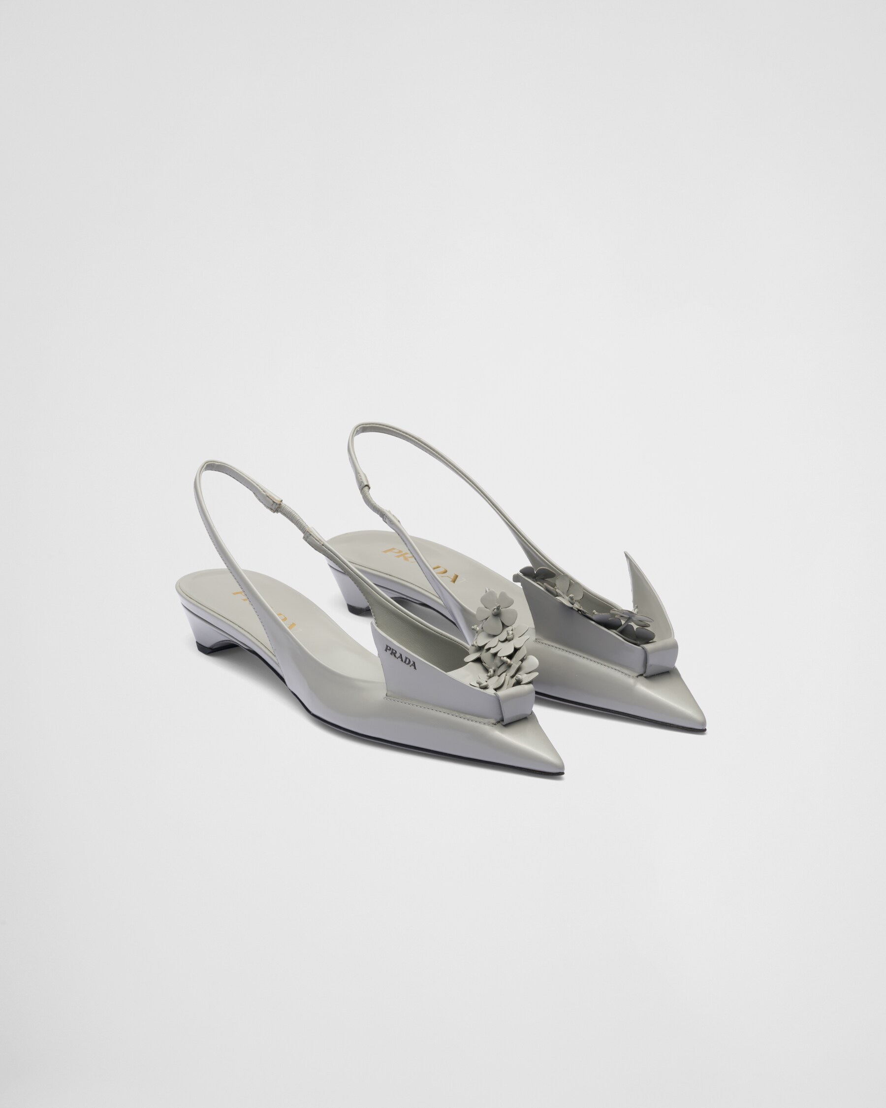 Cloudy Gray Brushed Leather Slingback Pumps With Floral Appliques | PRADA