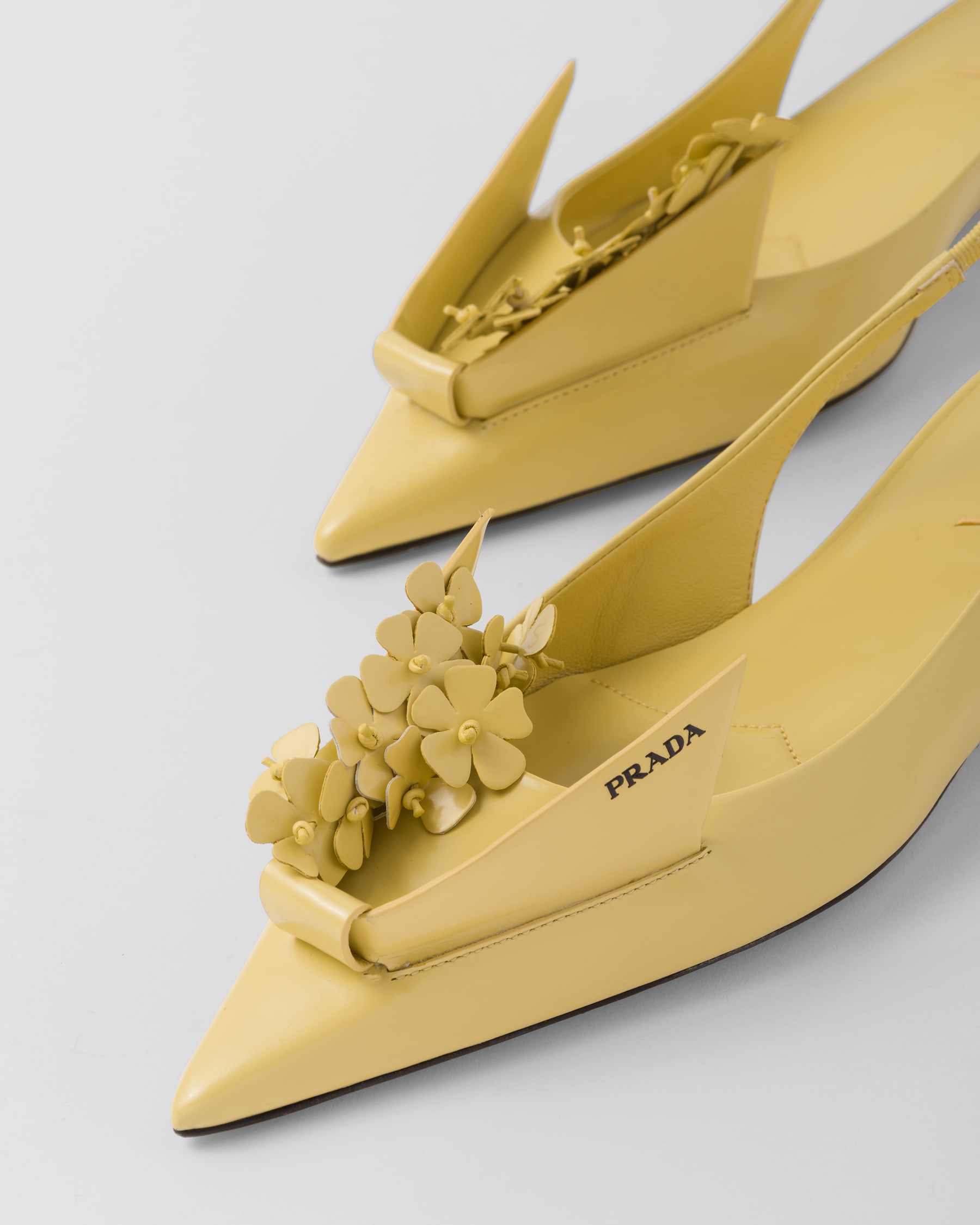 Pollen Yellow Brushed Leather Slingback Pumps With Floral Appliques | PRADA