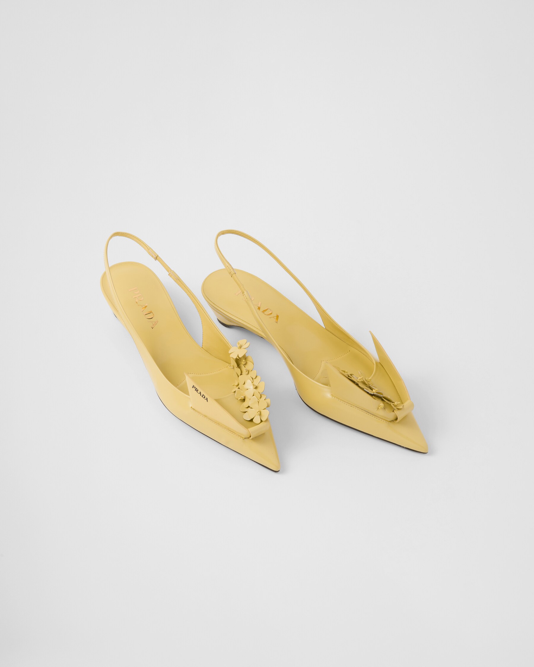 Pollen Yellow Brushed Leather Slingback Pumps With Floral Appliques | PRADA