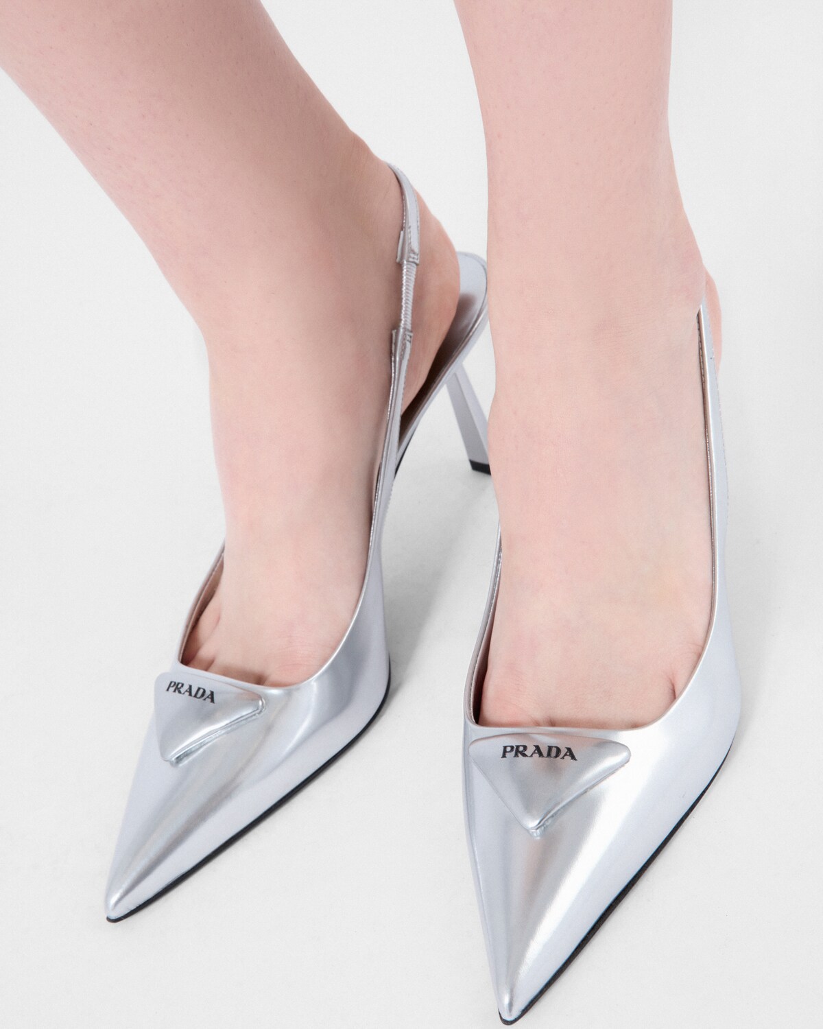 Silver Metallic Leather Slingback Pumps | PRADA